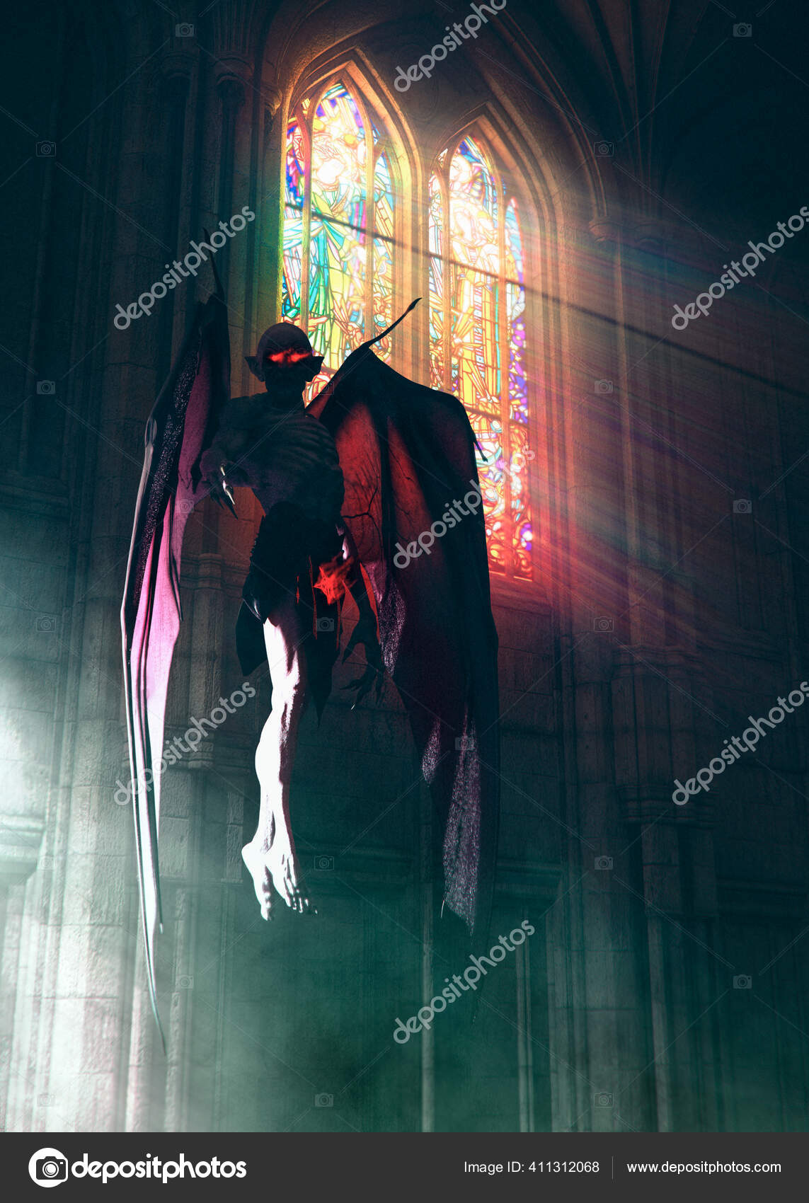 Flying Monster Bats Wings Floating Haunted Church Illuminated Moonlight ...