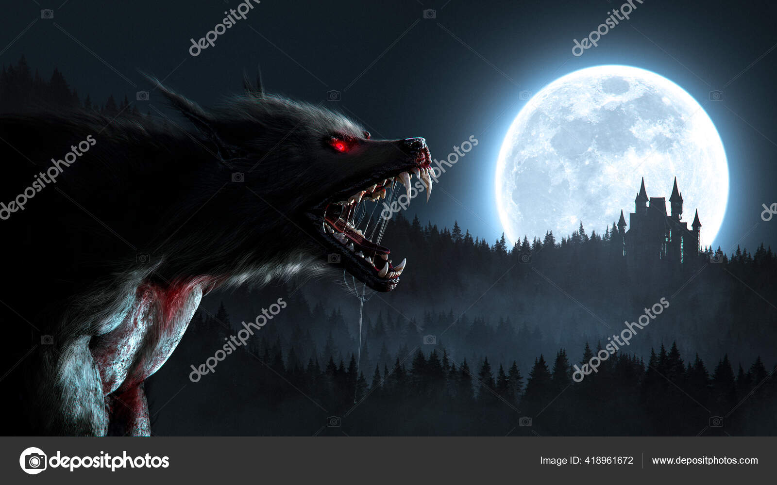 Werewolf Growling Moonlight Full Moon Shining Forest Gothic House ...