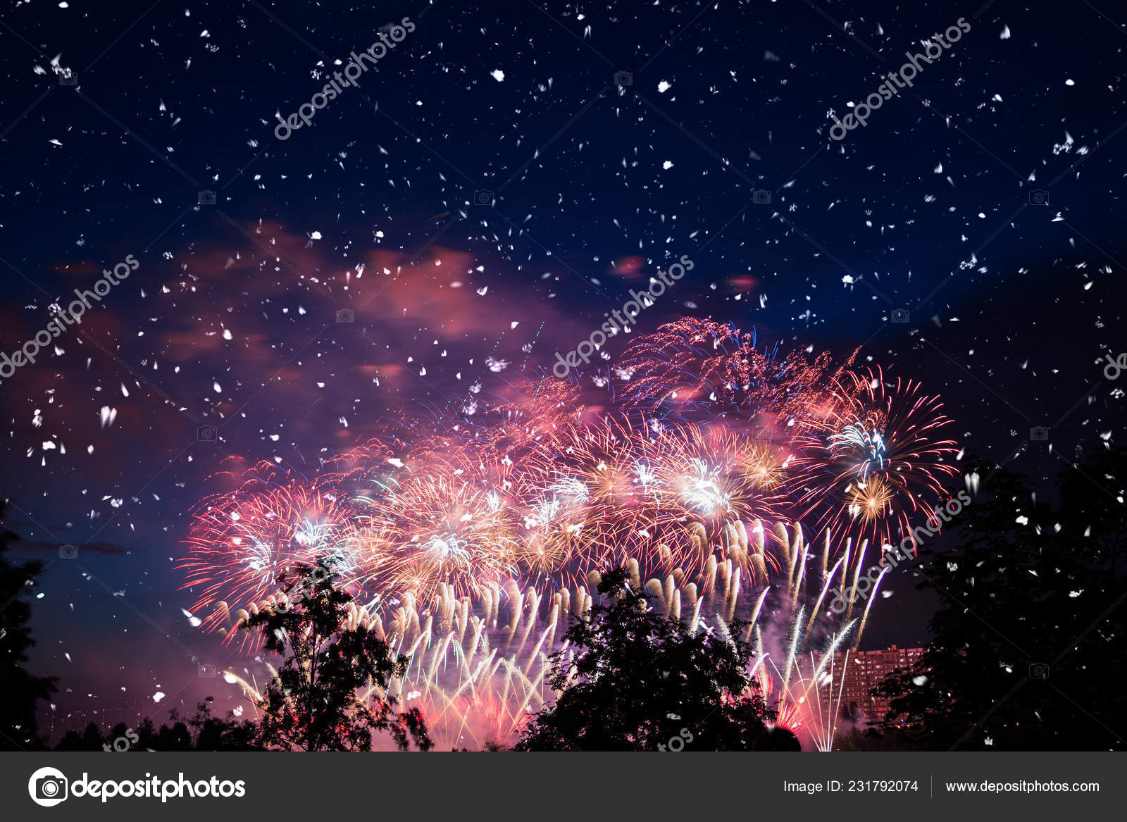 Fireworks Background Trees Dark Sky Falling Snow New Year Snowfall ...