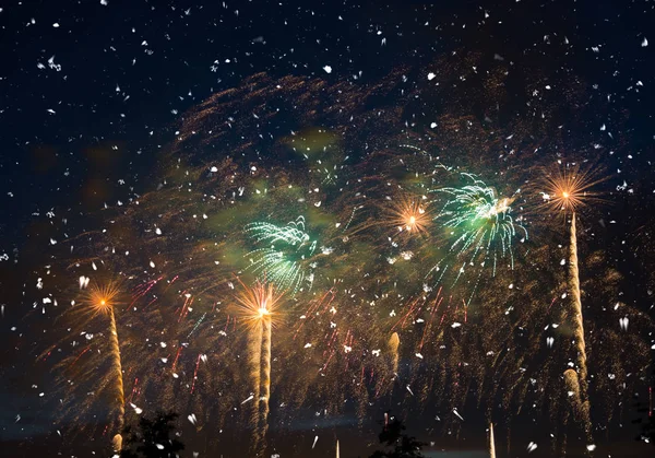 Fireworks Background Trees Dark Sky Falling Snow New Year Snowfall ...