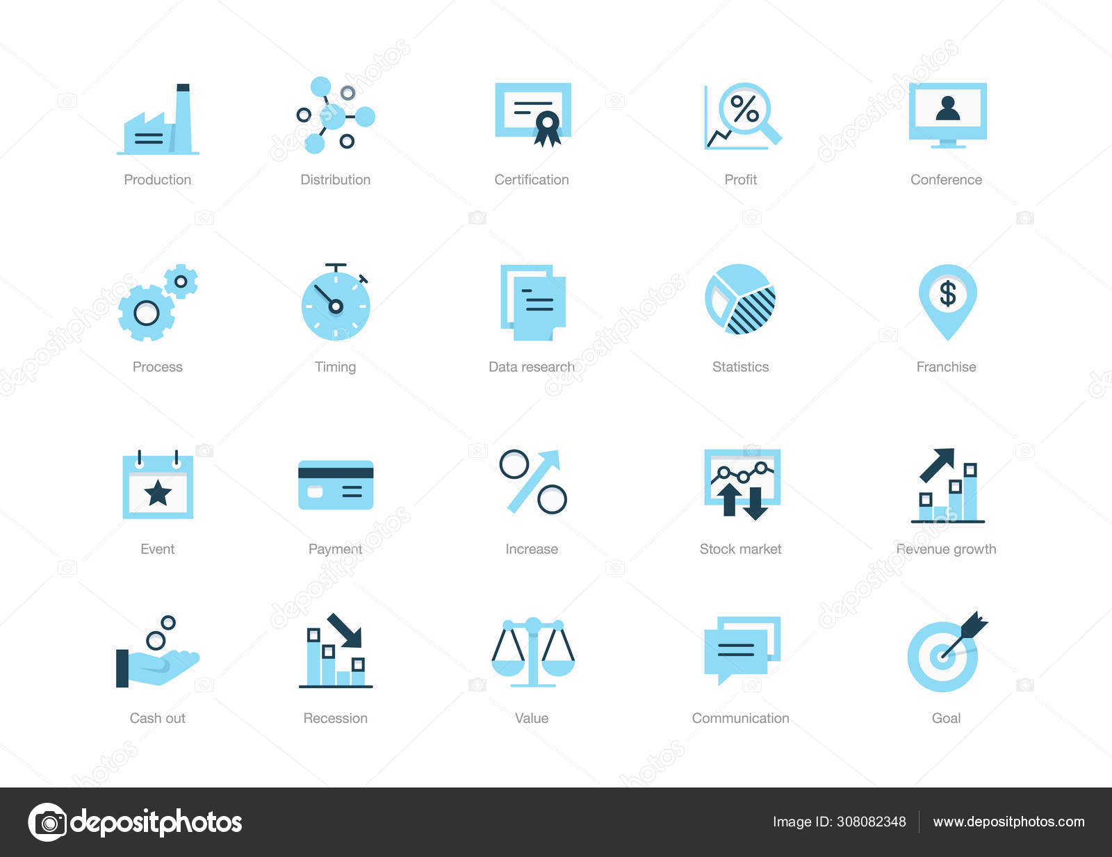 Set Blue Flat Business Icons Isolated Light Background Stock Vector by ...