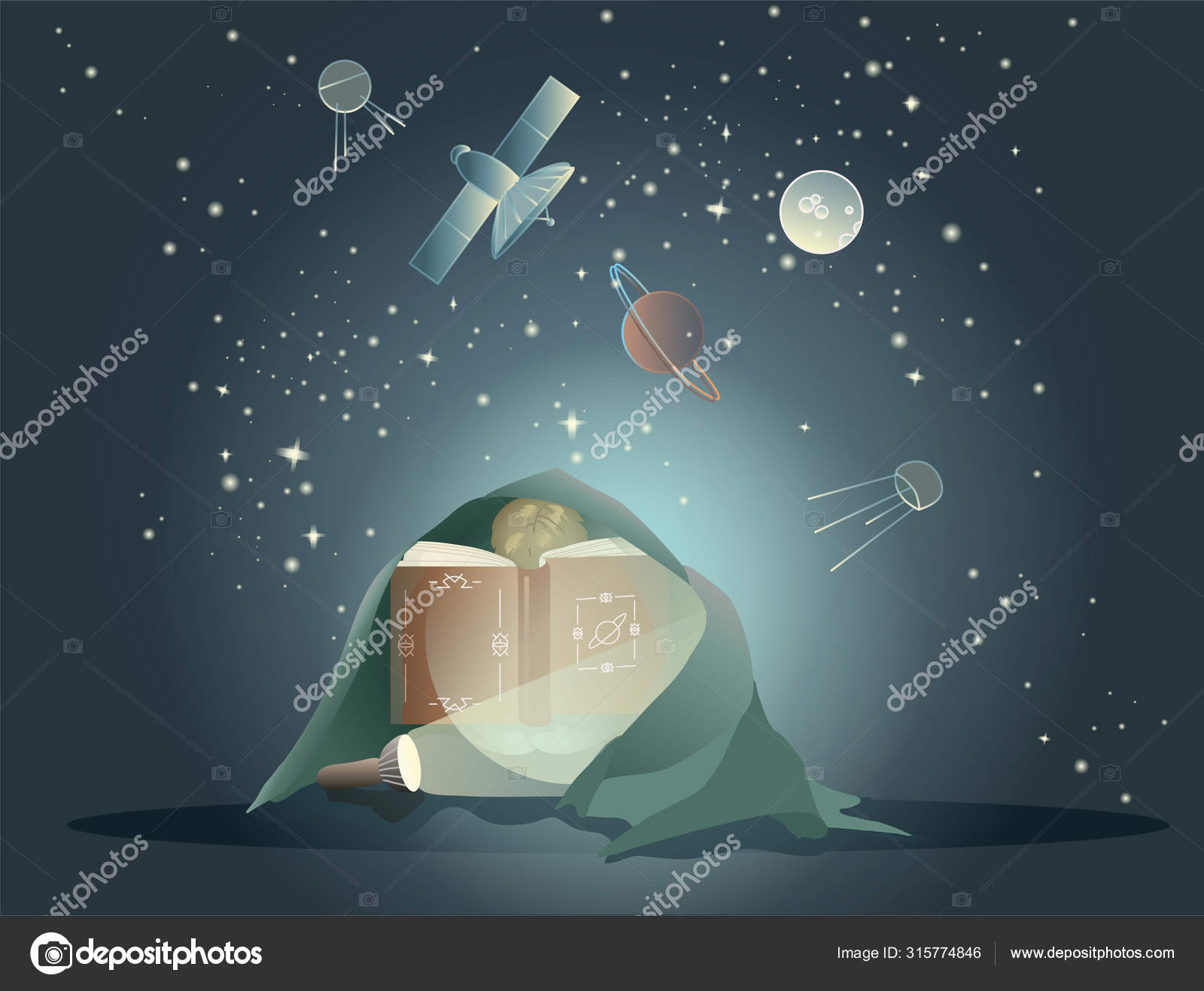 Book Space Child Reads Book Planets Blanket Reading Flashlight Starry ...