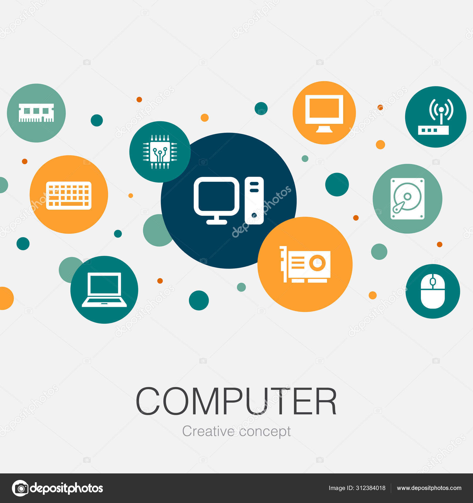 Computer trendy circle template with simple icons. Contains such ...