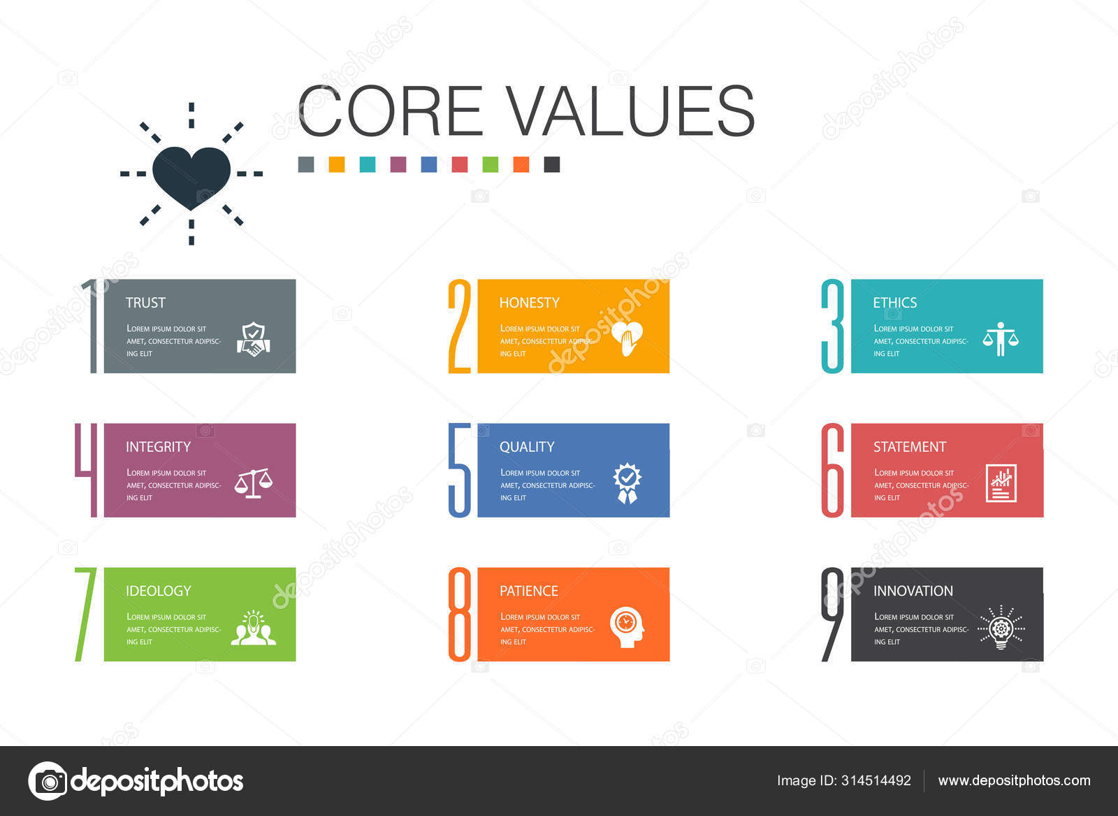Core values Infographic 10 option line concept.trust, honesty, ethics, integrity simple icons ...