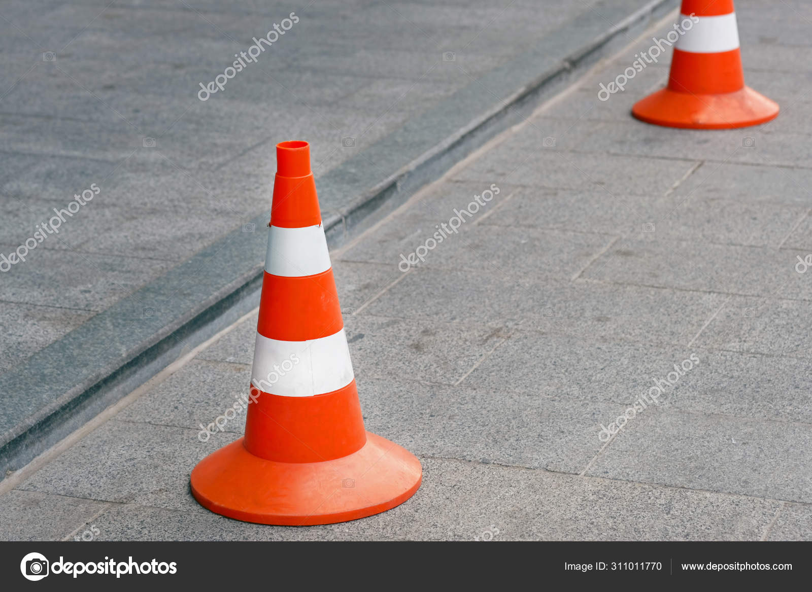 Two Road Cones Square Gray Tile Orange Cones White Stripes — Stock ...