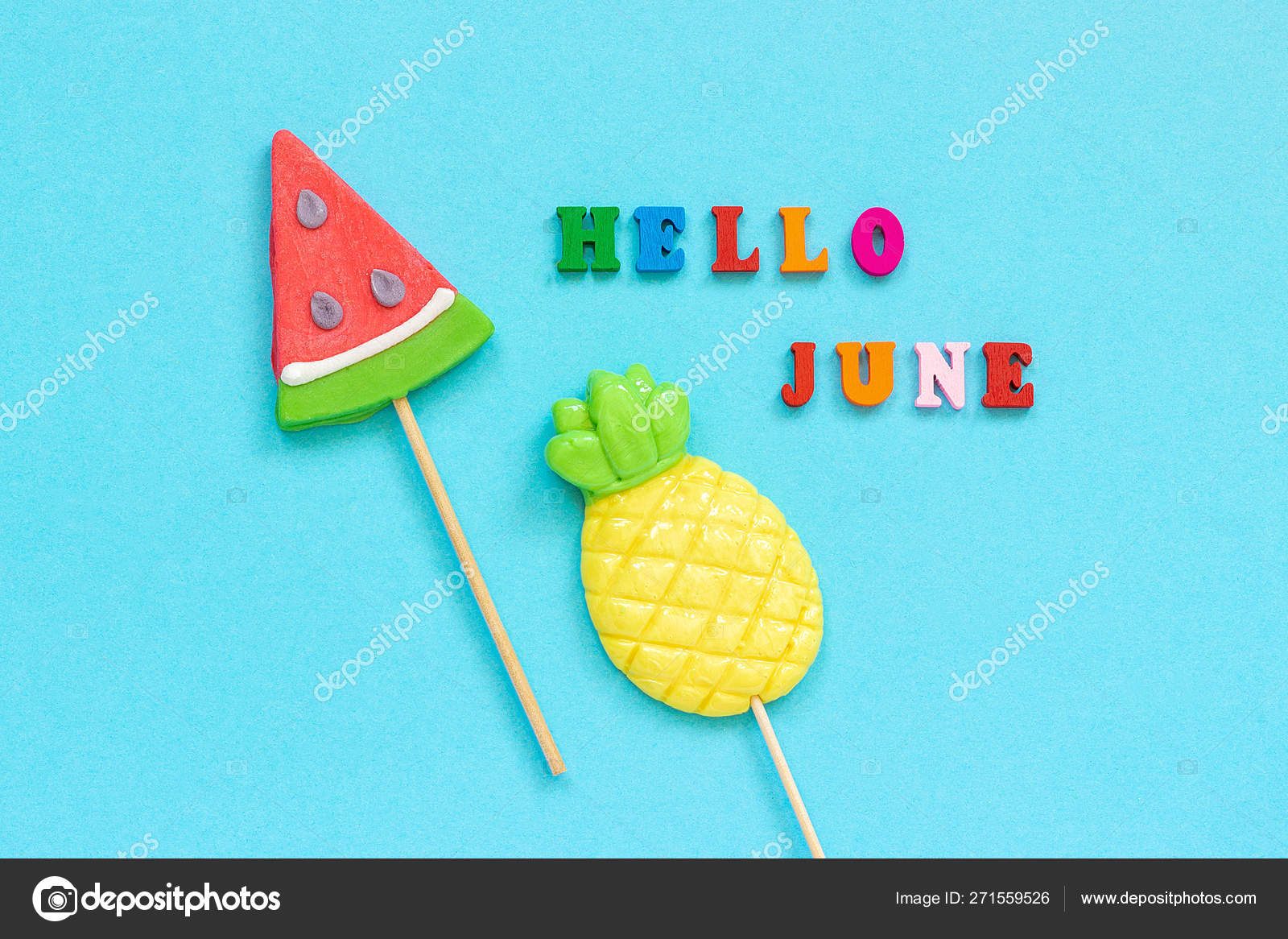 Hello June colorful text, pineapple and watermelon lollipops on stick ...