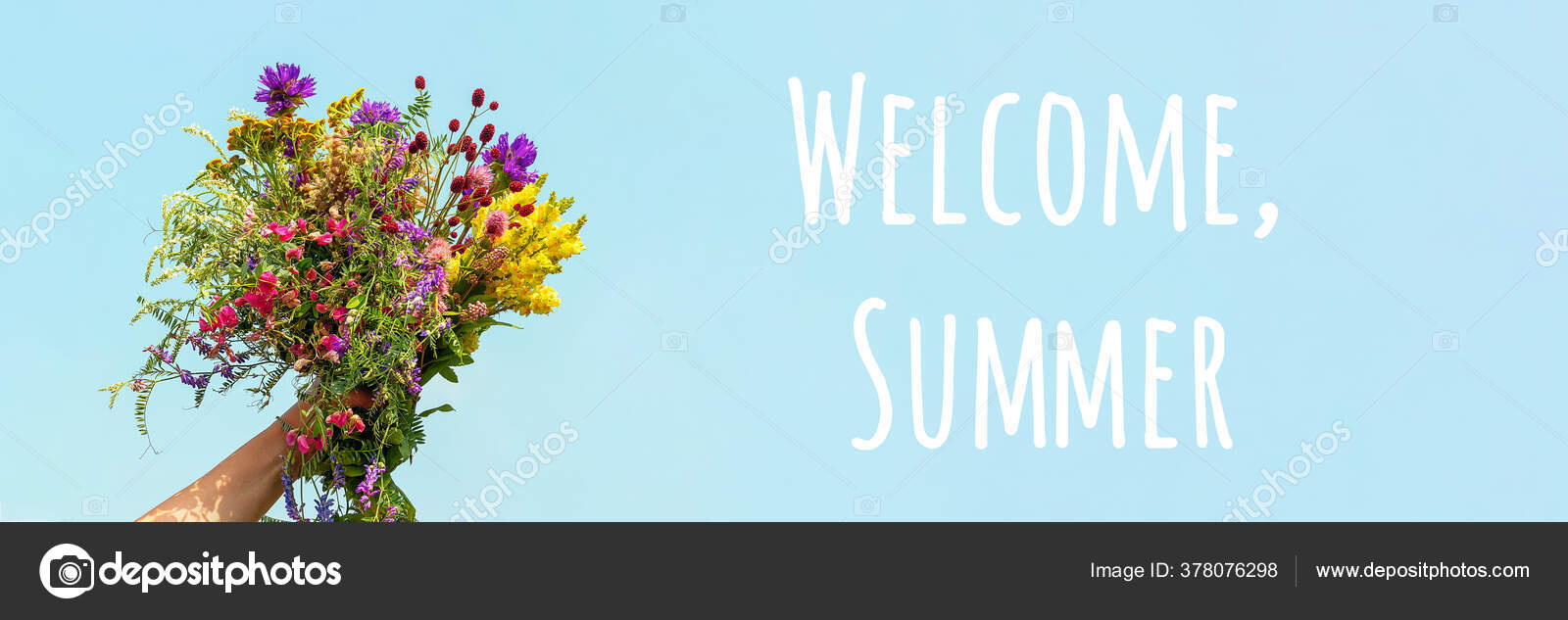 Welcome Summer Text Female Hand Holds Bright Colorful Bouquet Wild ...