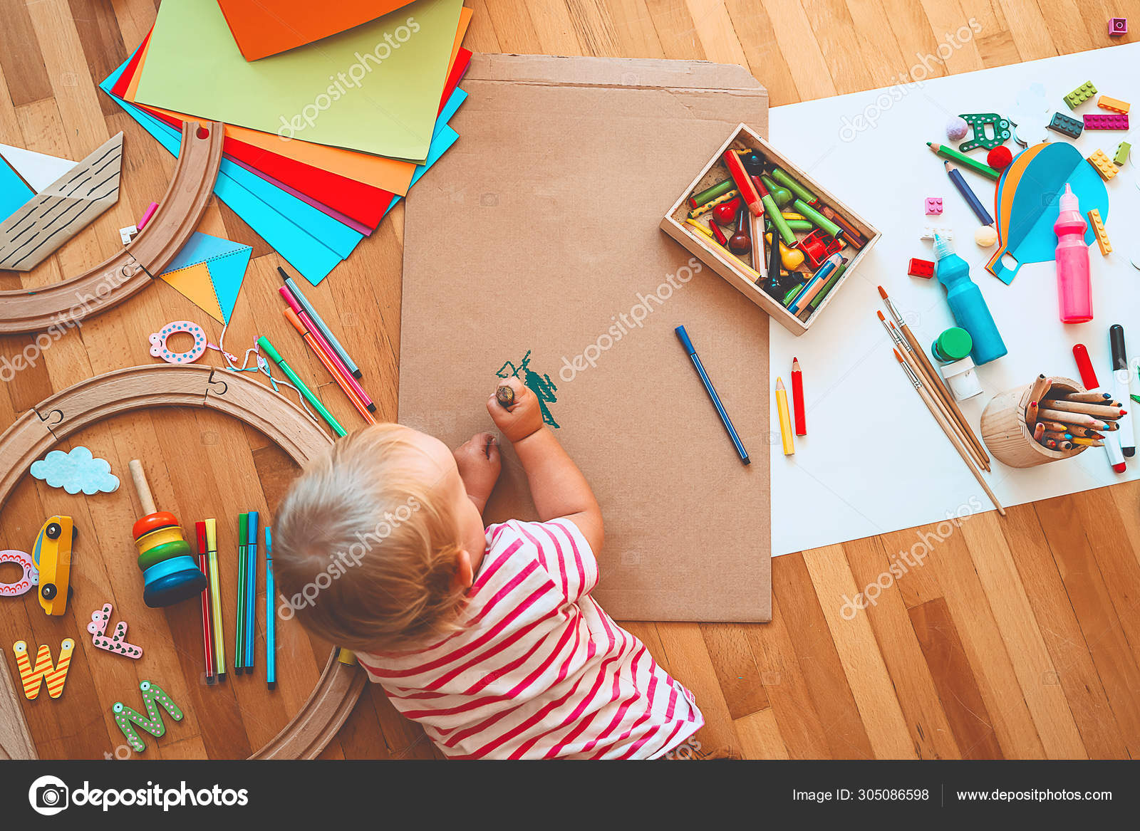 Kids draw and make crafts. Kindergarten or preschool background ...