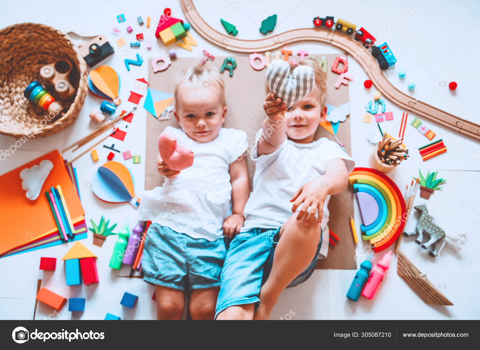 Kids draw and make crafts. Kindergarten or preschool background ...