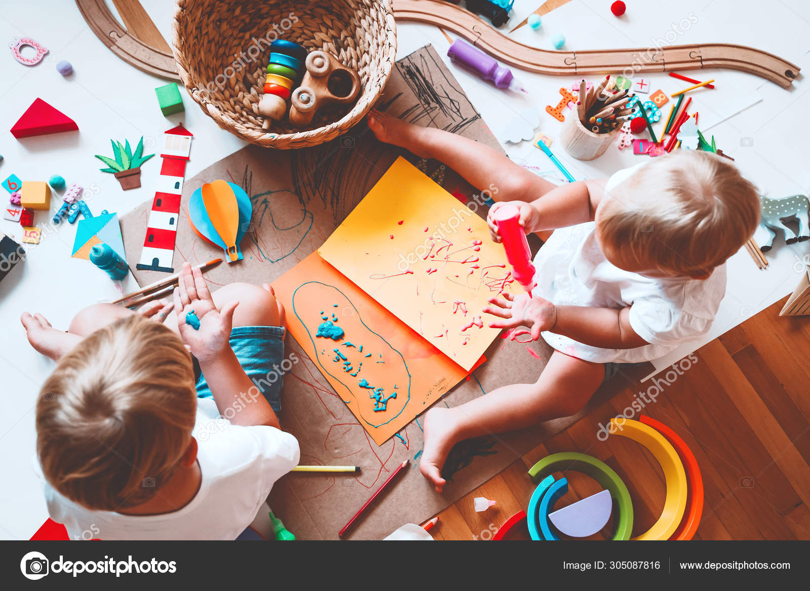 Kids draw and make crafts. Kindergarten or preschool background ...