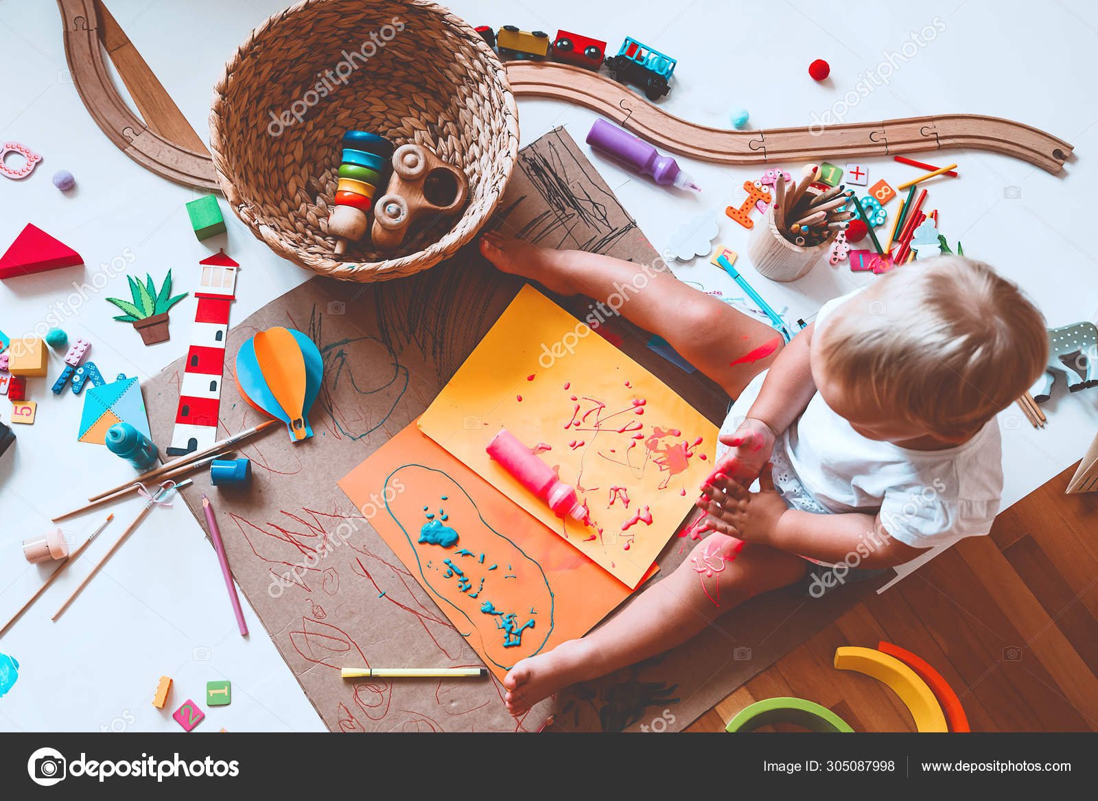 Kids draw and make crafts. Kindergarten or preschool background. Stock ...