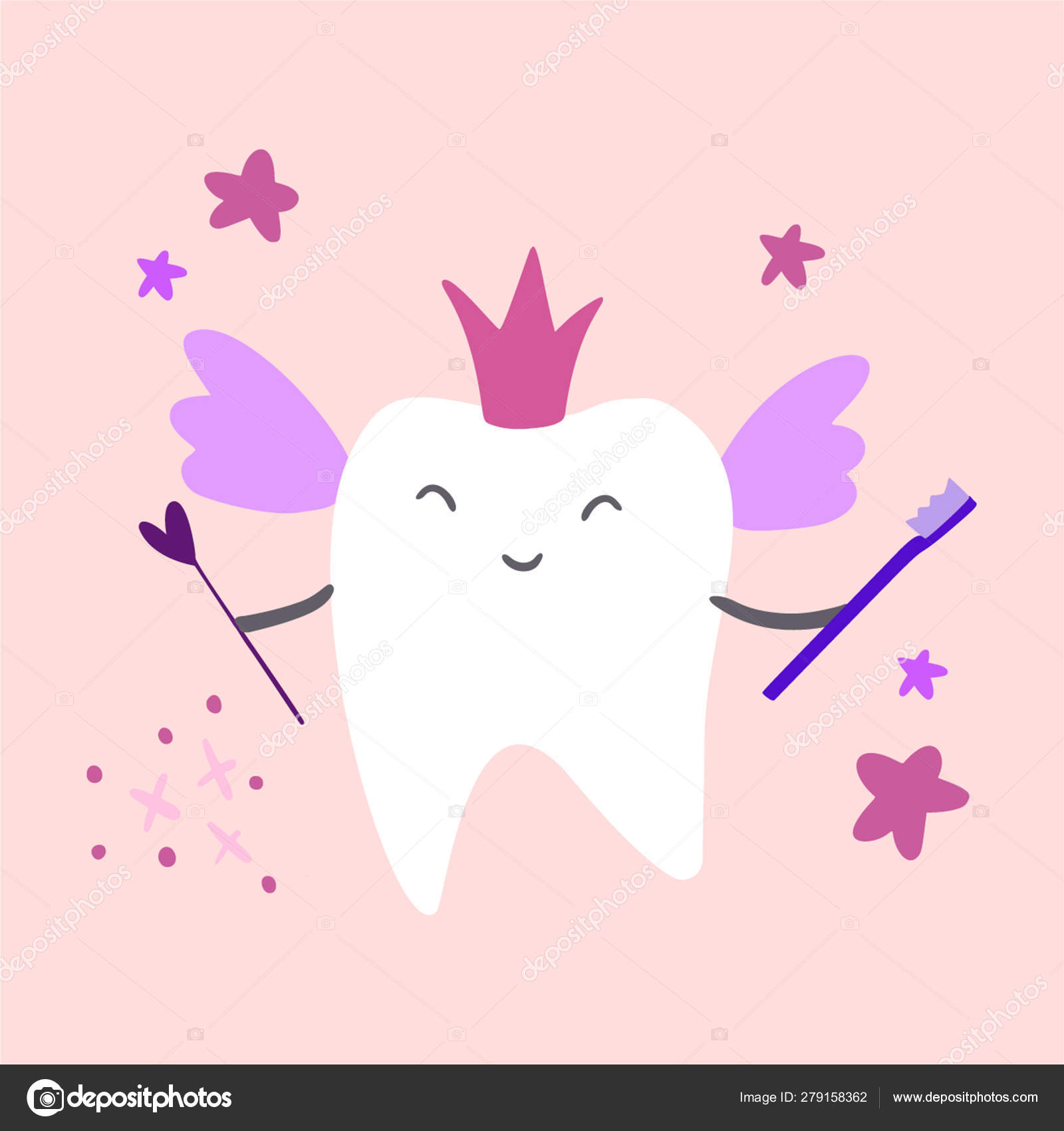 Cute magic tooth with wings and a crown. In one hand a toothbrush, in ...