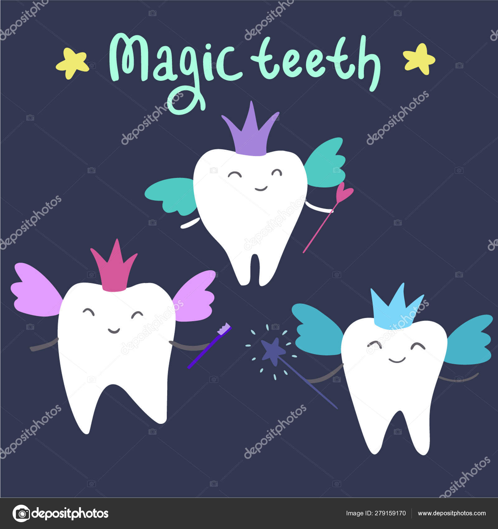Three cute magic teeth fly around lettering Magic teeth on the dark ...