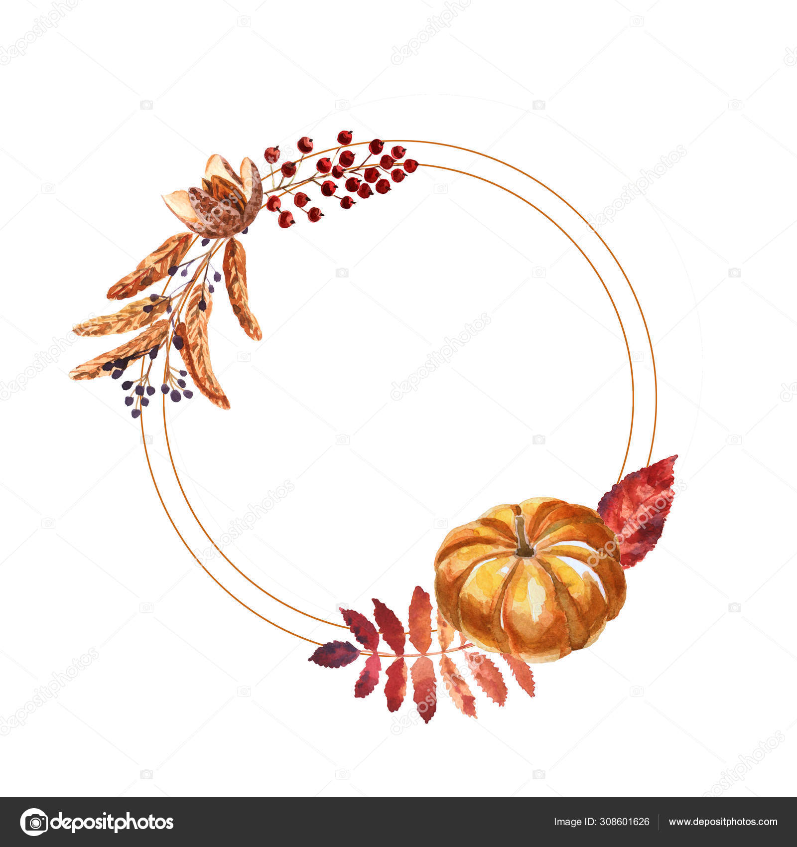 Watercolor autumn circle frame with leaves, berries and pumpkin Stock ...