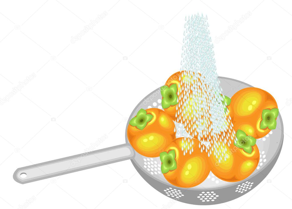 Fructificar bajo el chorro de agua. En un colador maduro jugoso caqui ...