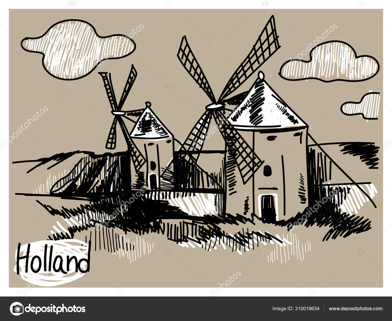 Holland Drawing Hand Vintage Style Landscape Windmills Stock Vector ...