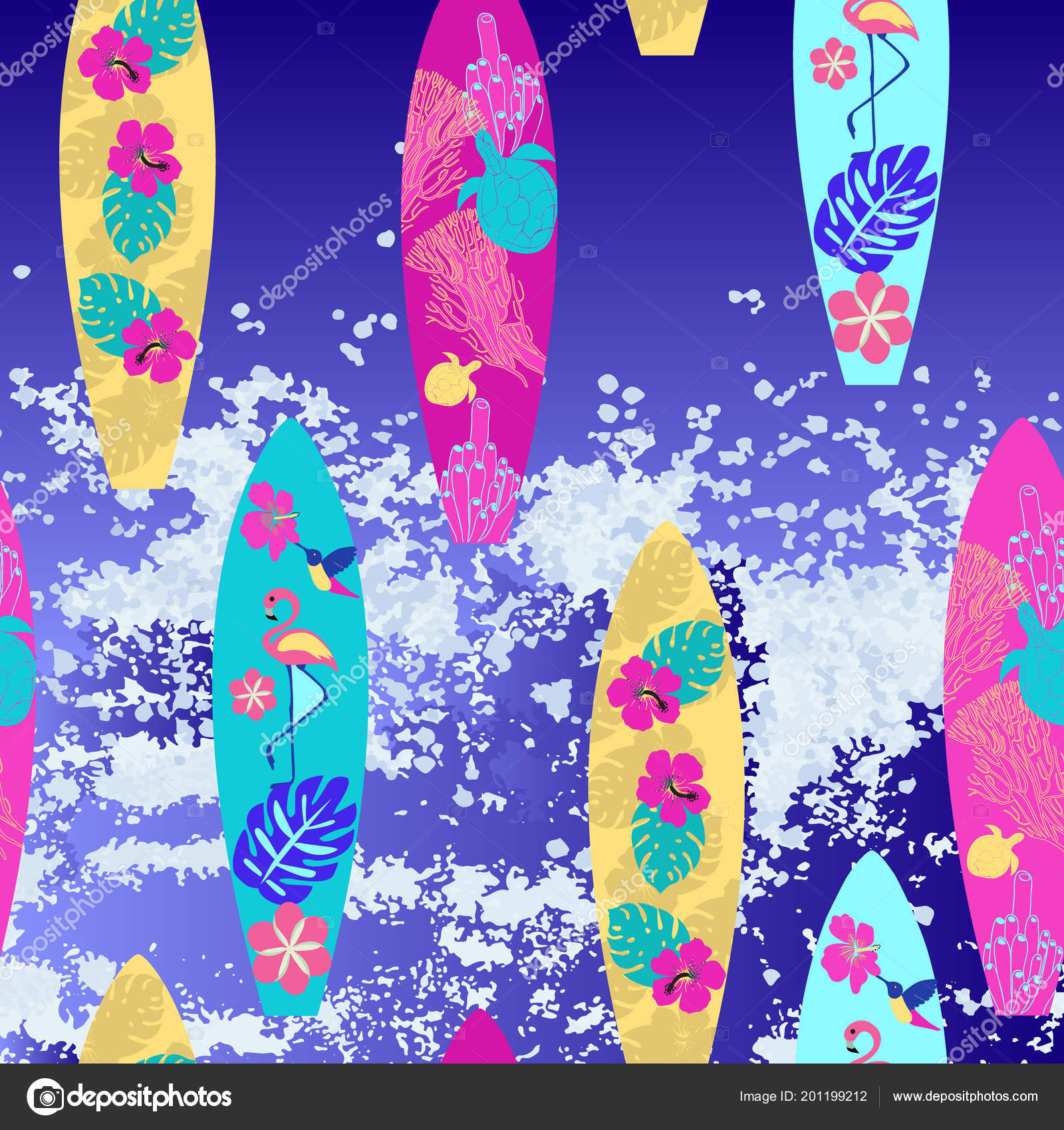 Vector Background Surfboard Seamless Pattern Colorful Surfing ...