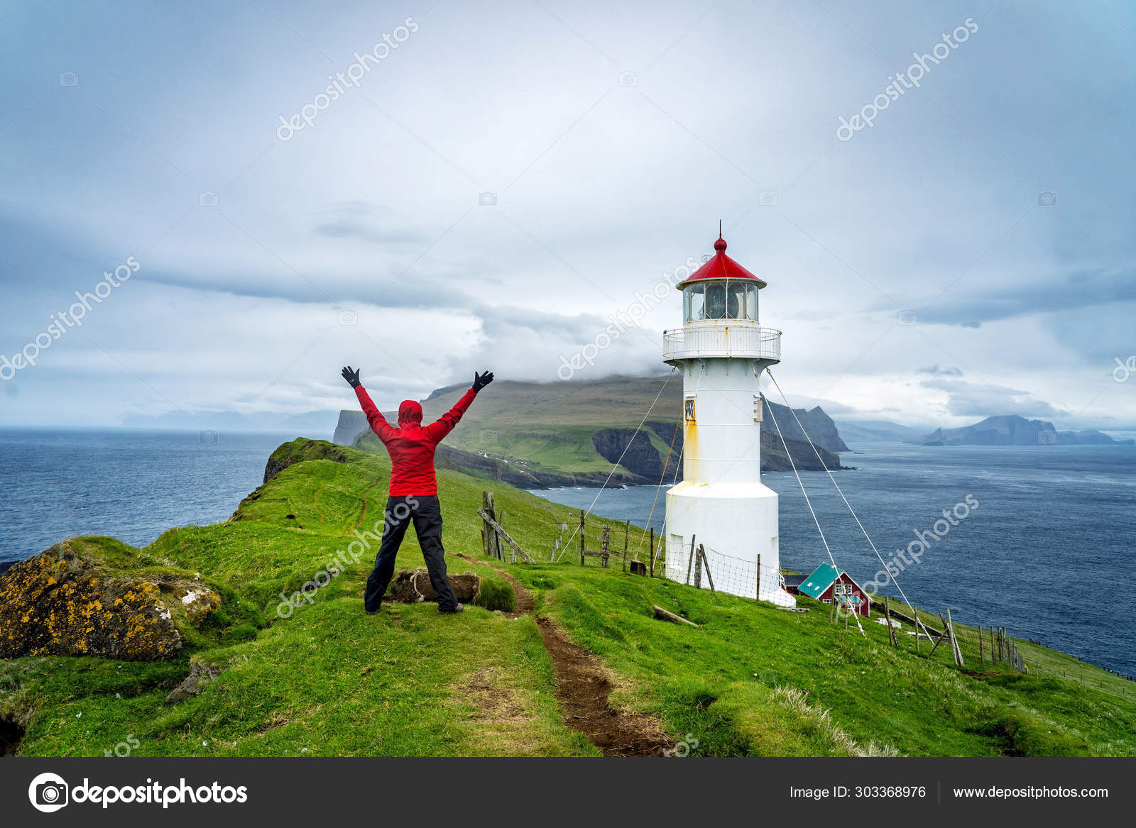 Young Female Hiker Enjoying Spectacular View Lighthouse Mykines Island ...