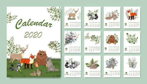 Doodle pastel woodland calendar set 2020 with fox,porcupine,peng Stock ...