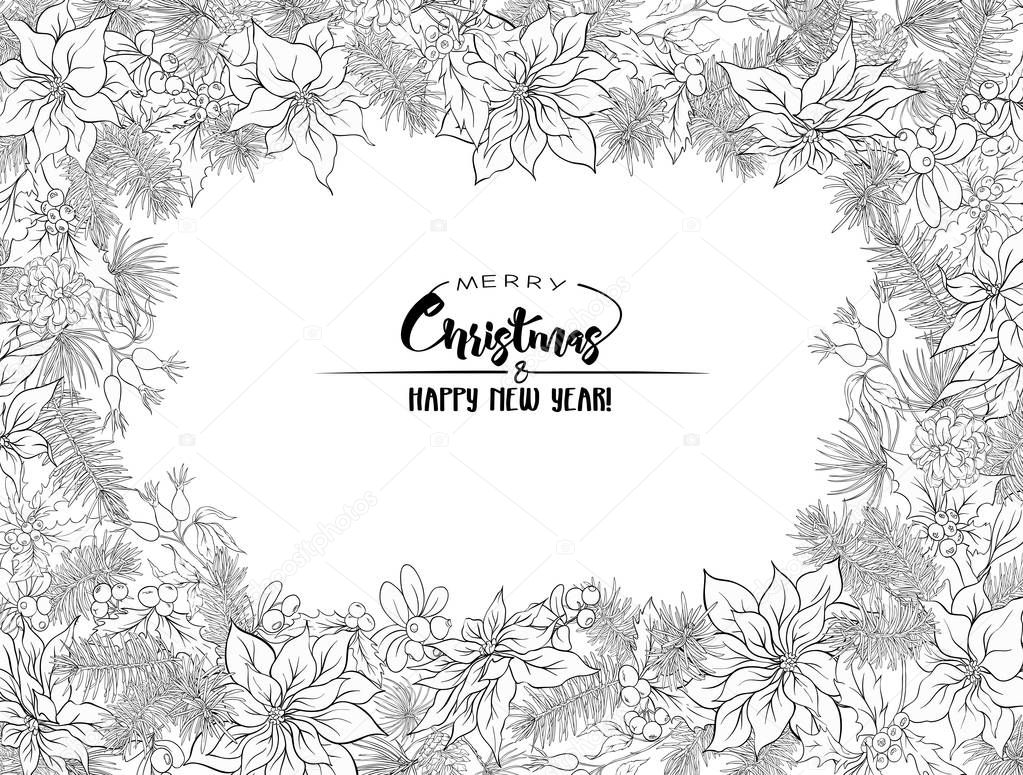 Corona de Navidad de abeto, pino, poinsettia, rosa de perro. Con Feliz ...