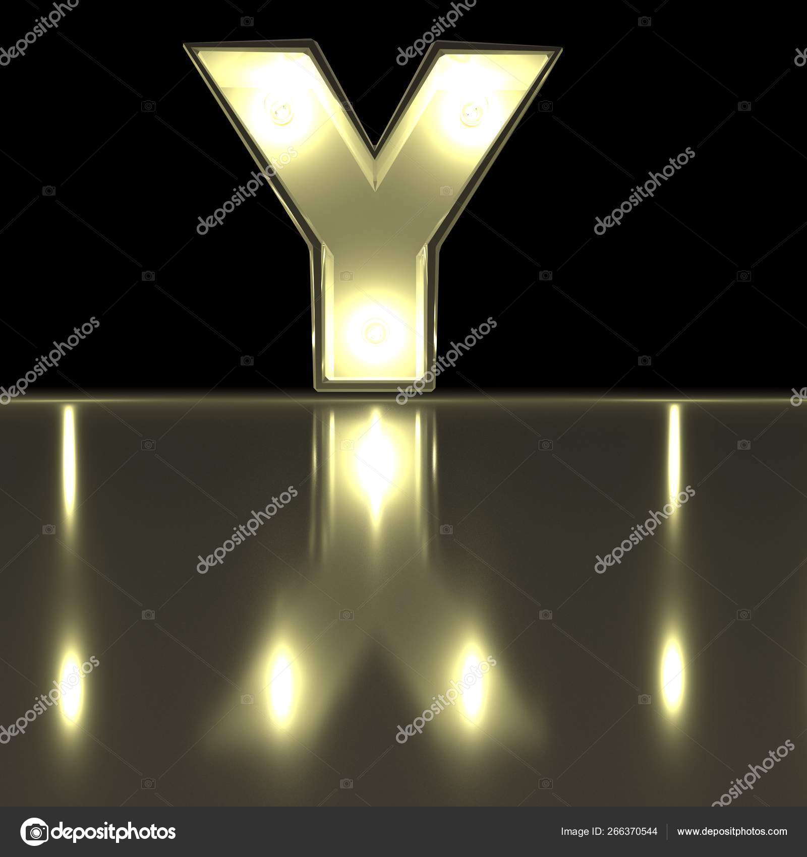 Character Y font with reflection. Light bulb glowing letter alph ...