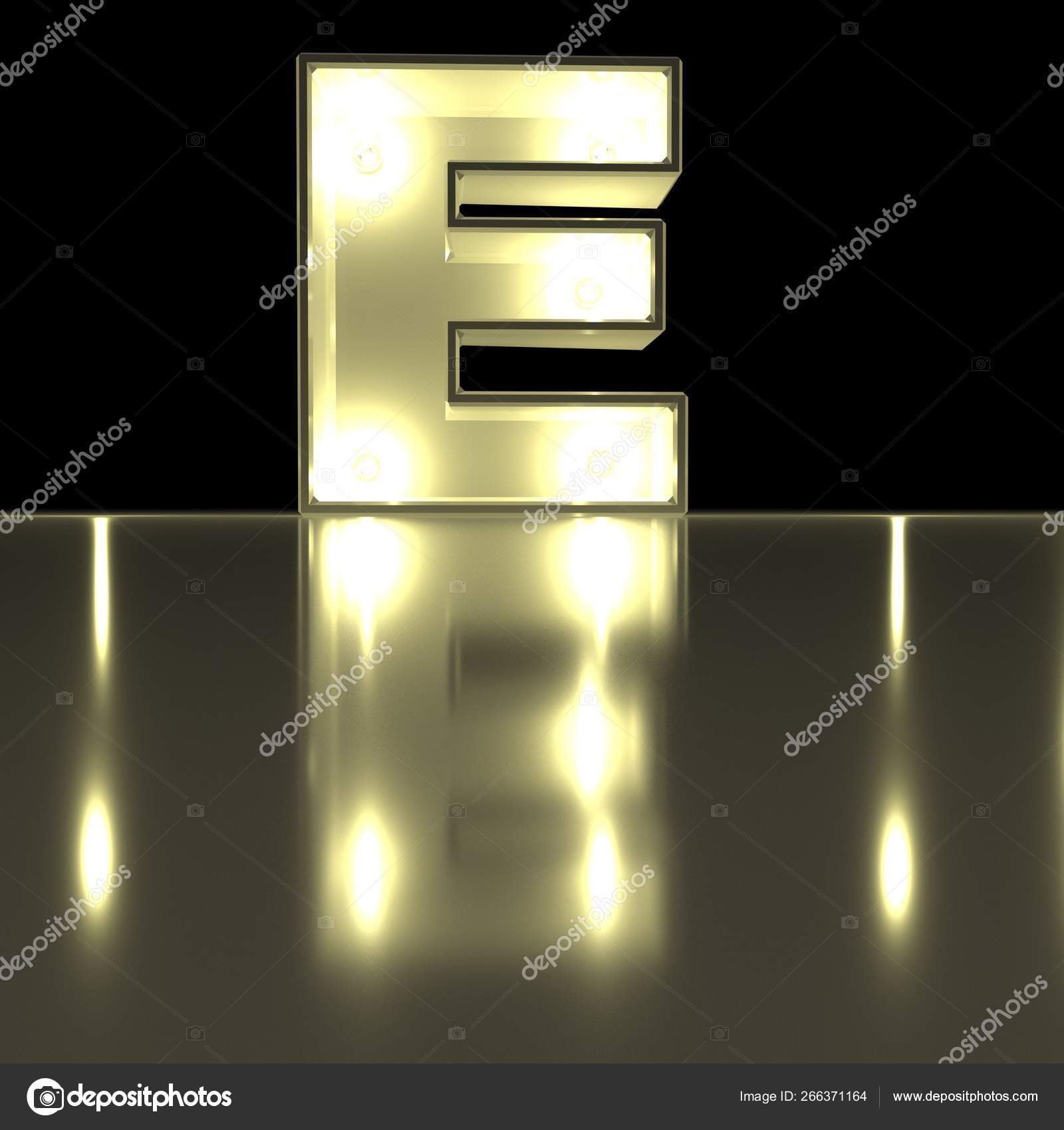 Character E font with reflection. Light bulb glowing letter alph ...