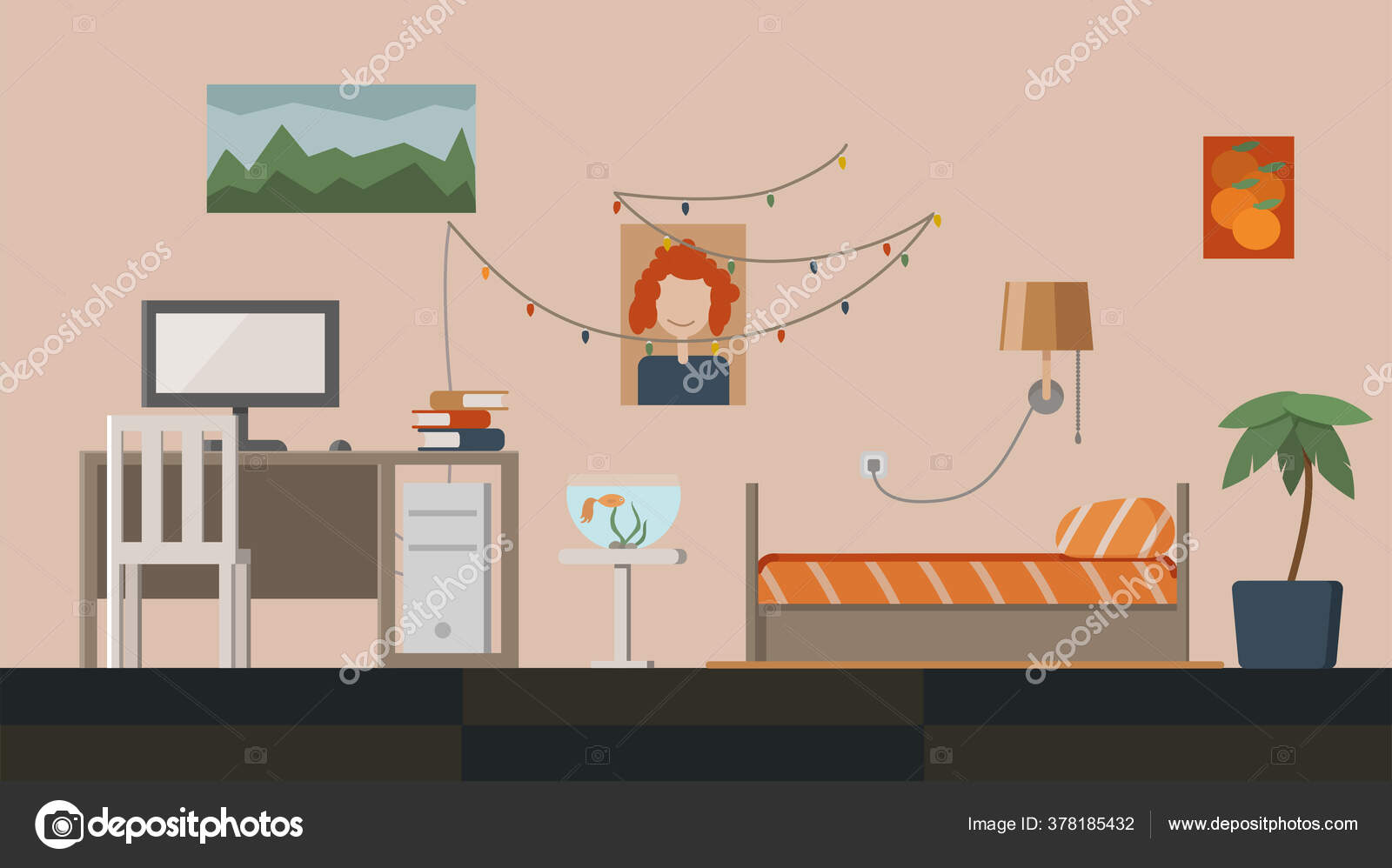 Diseño Interior Dormitorio Mesa Ordenador Cama Planta Acuario Lámpara ...