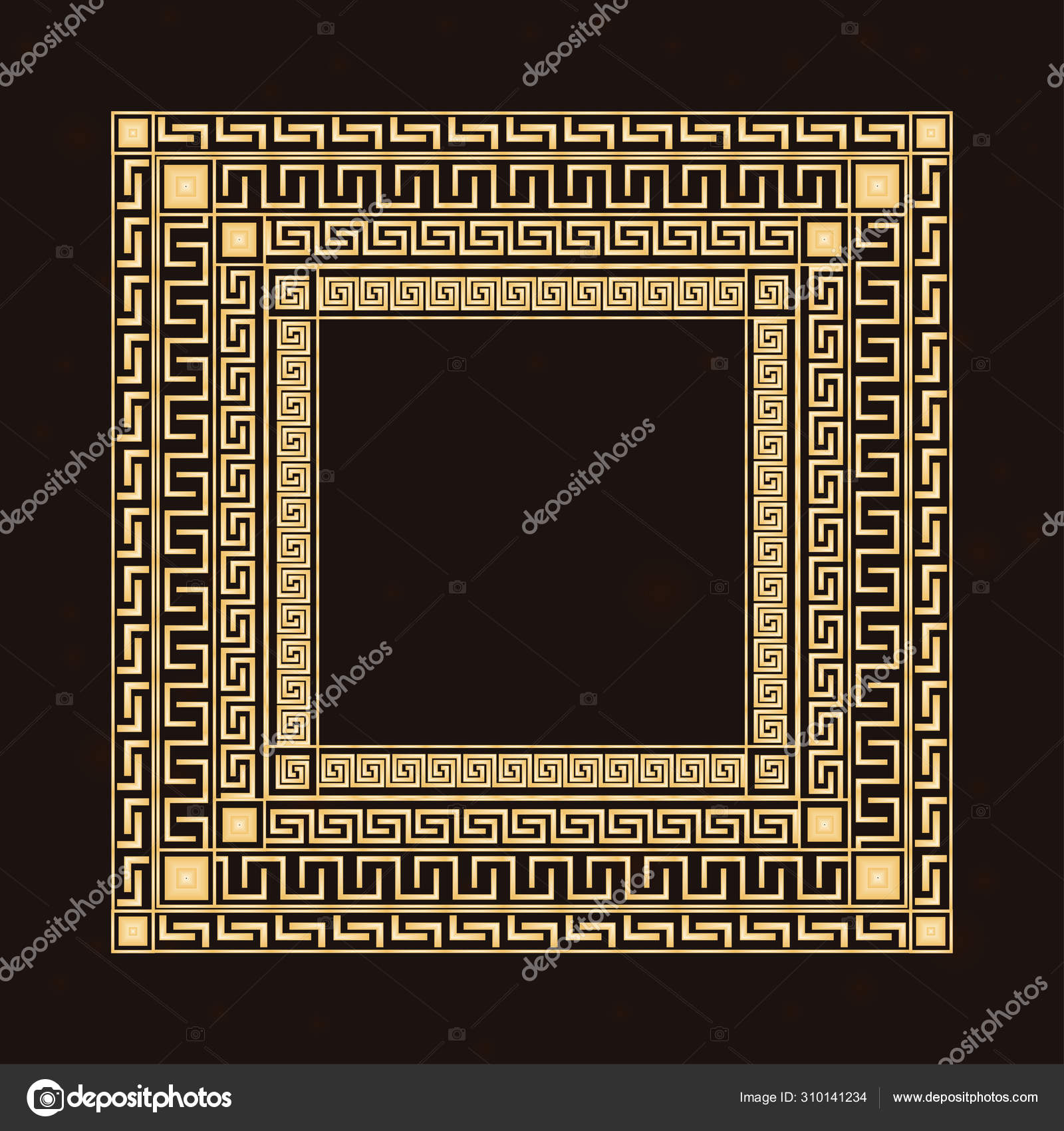Traditional simple meander. Golden square frame on the dark background ...