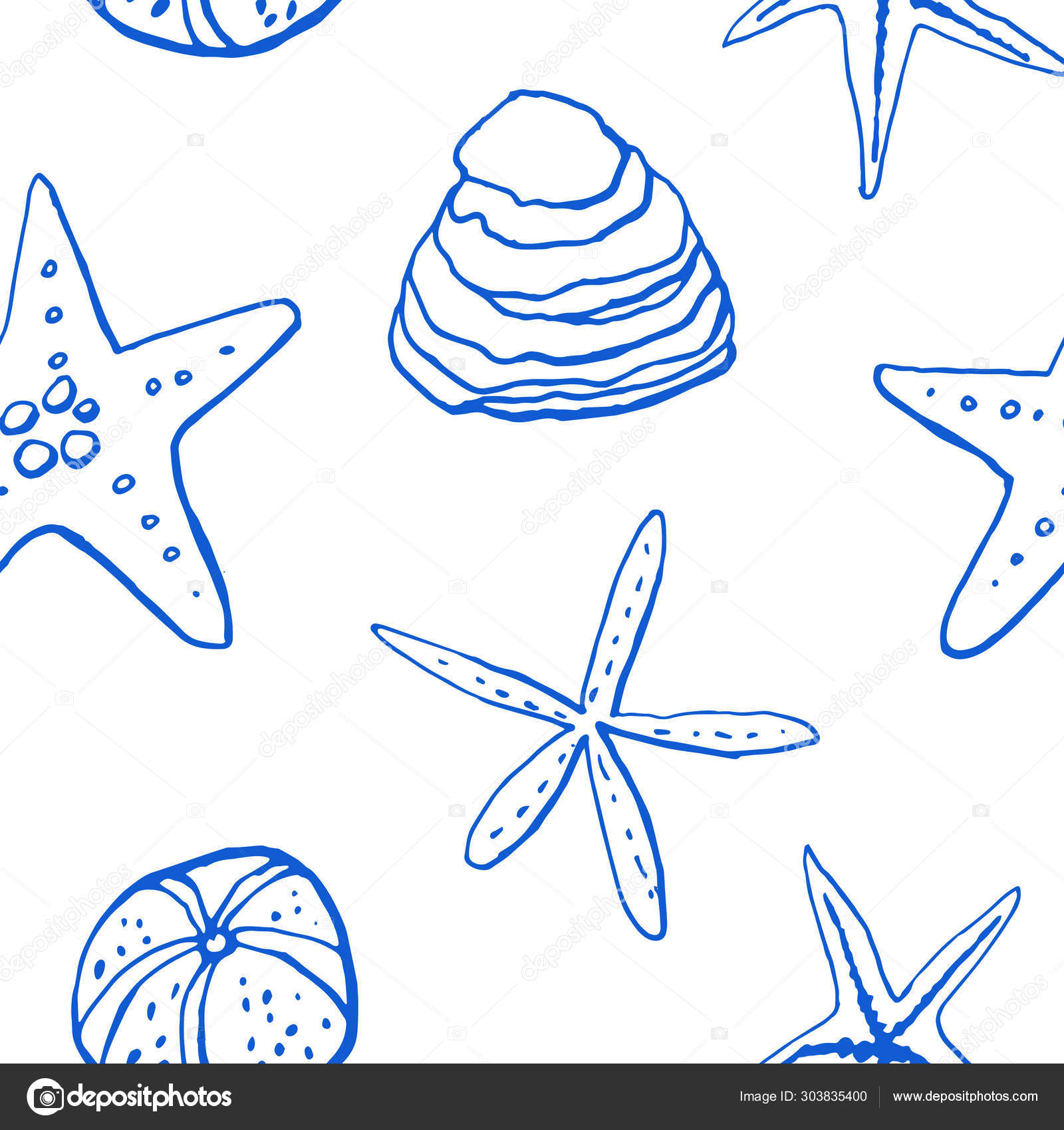 Collection Sea Shell Ink Doodles White Backdrop Seamless Pattern ...