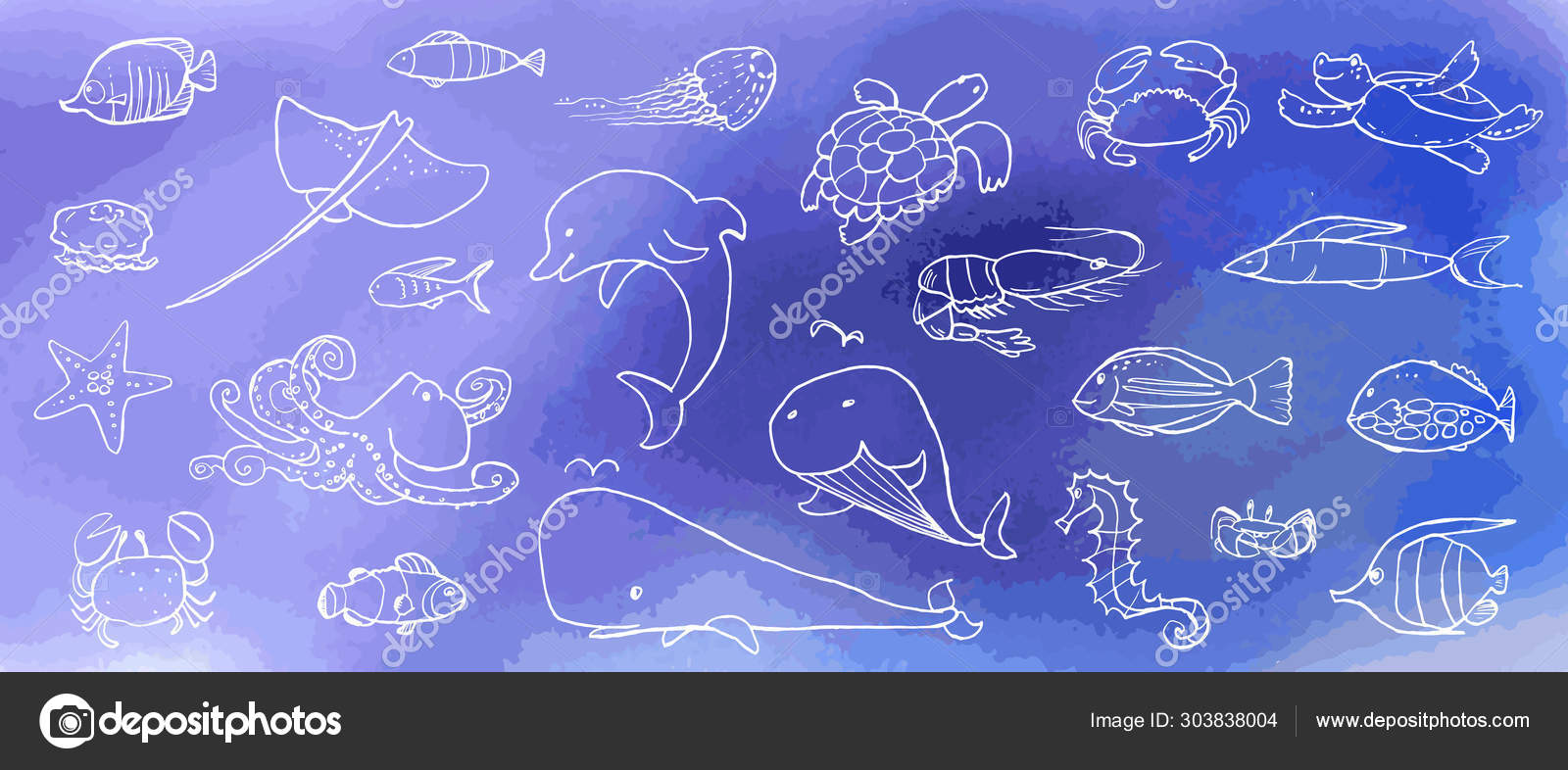 Collection Underwater Life Ink Doodles Watercolor Texture Sea Animals ...