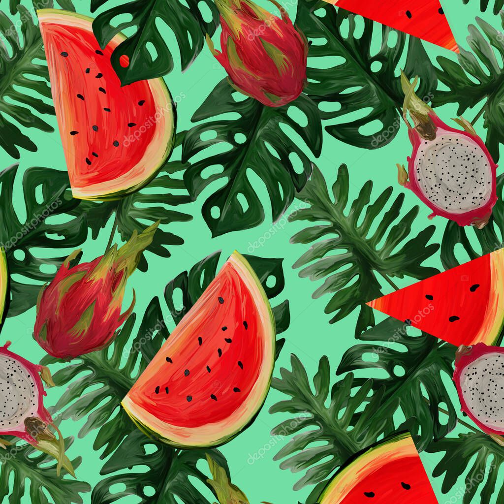 Patrón moderno sin costuras con fruta de dragón, sandía, hojas ...