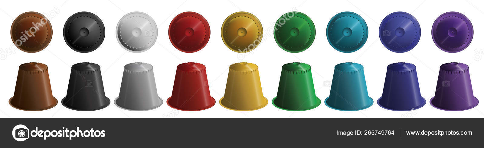 Set, a collection of colorful coffee capsules on a white background ...