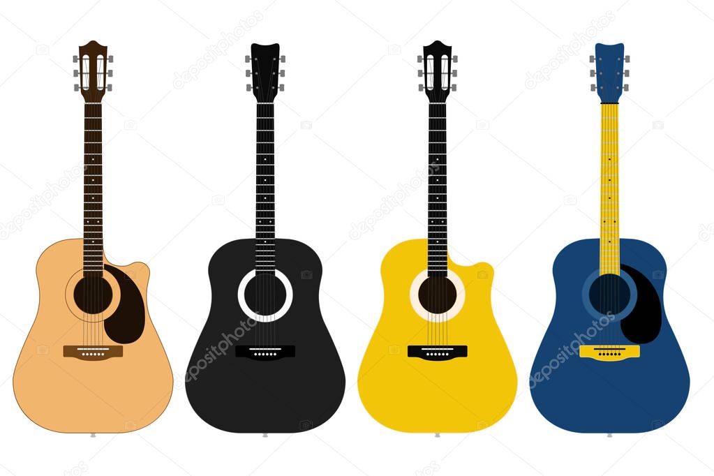 Conjunto de guitarras clásicas acústicas de diferentes colores sobre ...