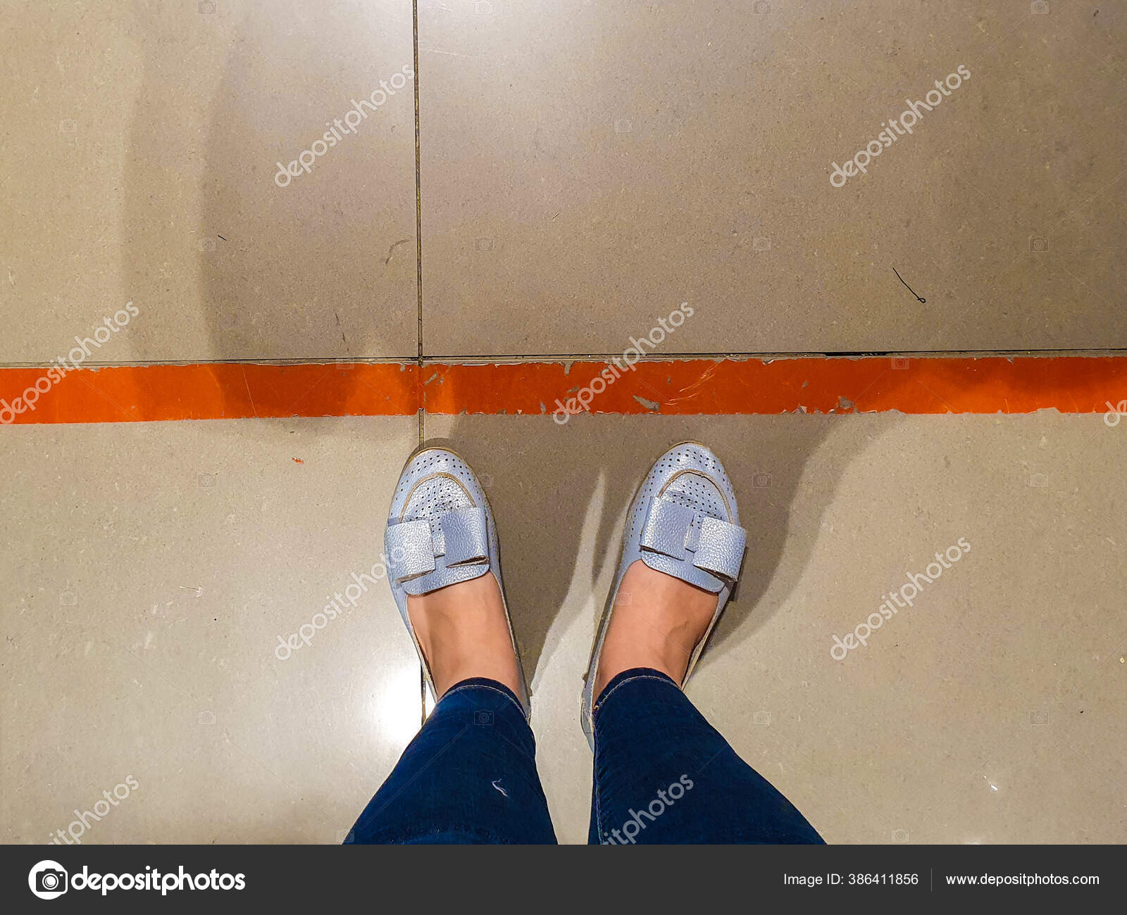 Person Stands Red Line Keeping Safe Social Distance Due Pandemic Stock ...