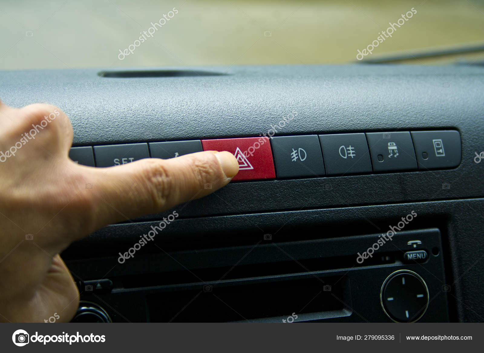 Finger hitting car emergency red light button in the car. — Stock Photo ...