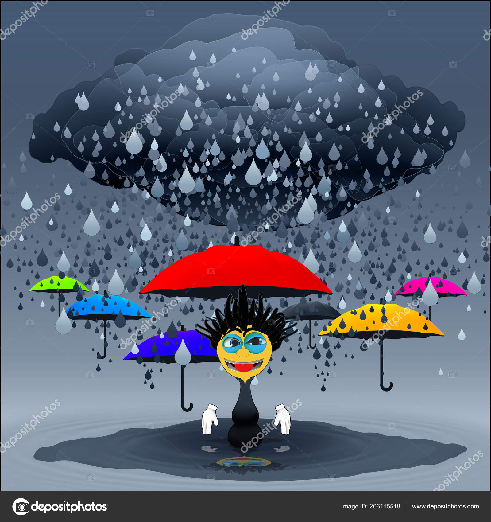 Cartoony Character Rain Colourful Umbrellas Stock Illustration by ...
