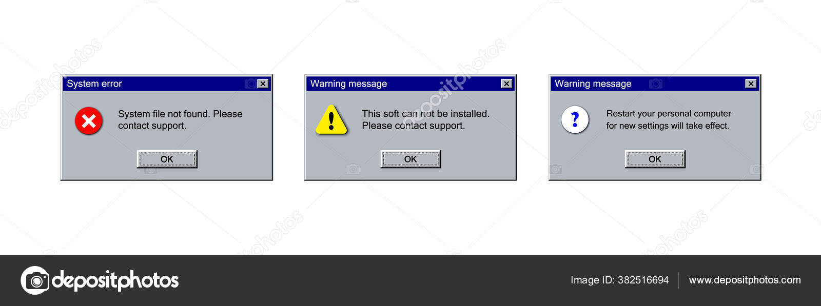 Old alert window set in classic style info, error and caution screen ...