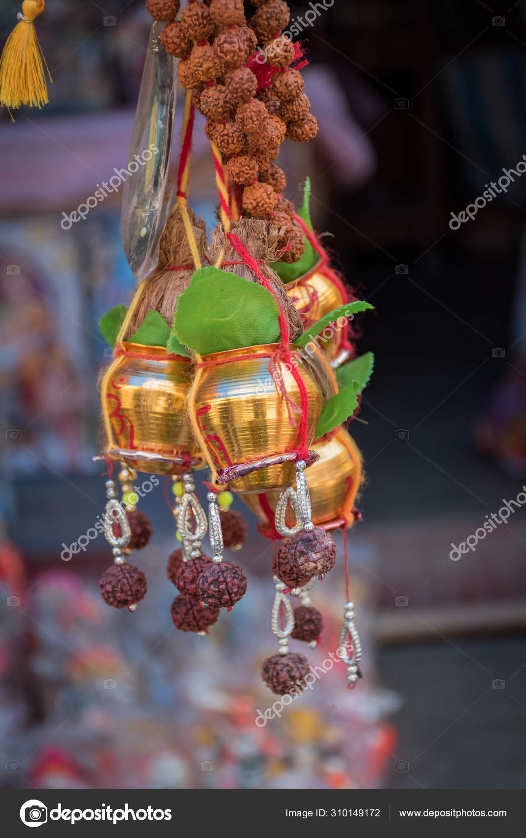 Copper Kalash with rudraksha mala, coconut, mango leaf, Red Thread ...