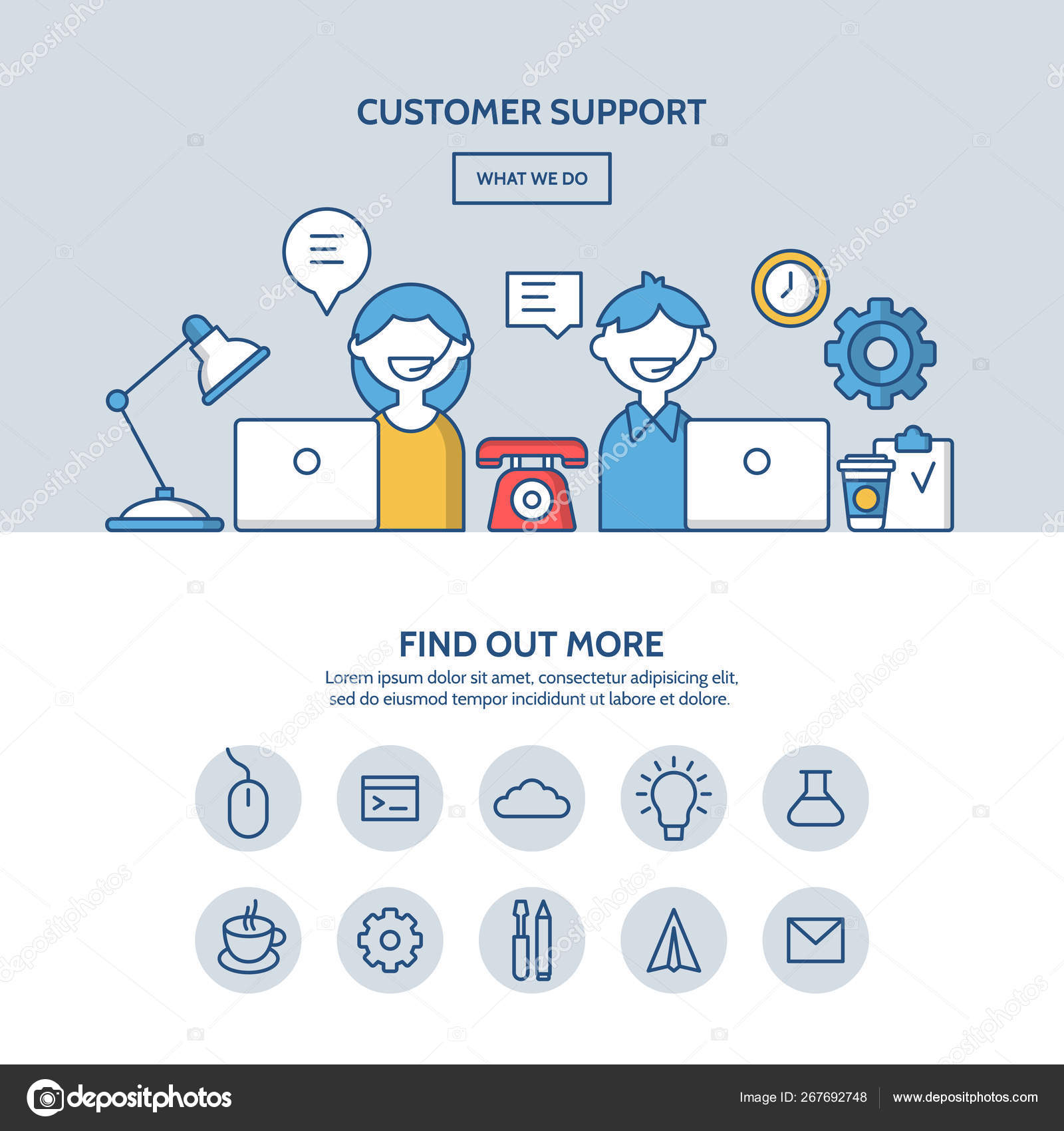 Customer support website hero image concept. One page website de Stock ...