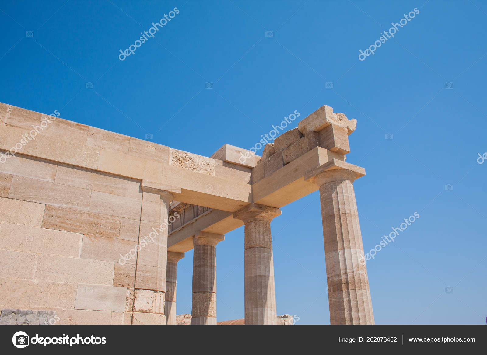 Columns Hellenistic Stoa Acropolis Lindos Rhodes Greece Blue Sky Olive ...