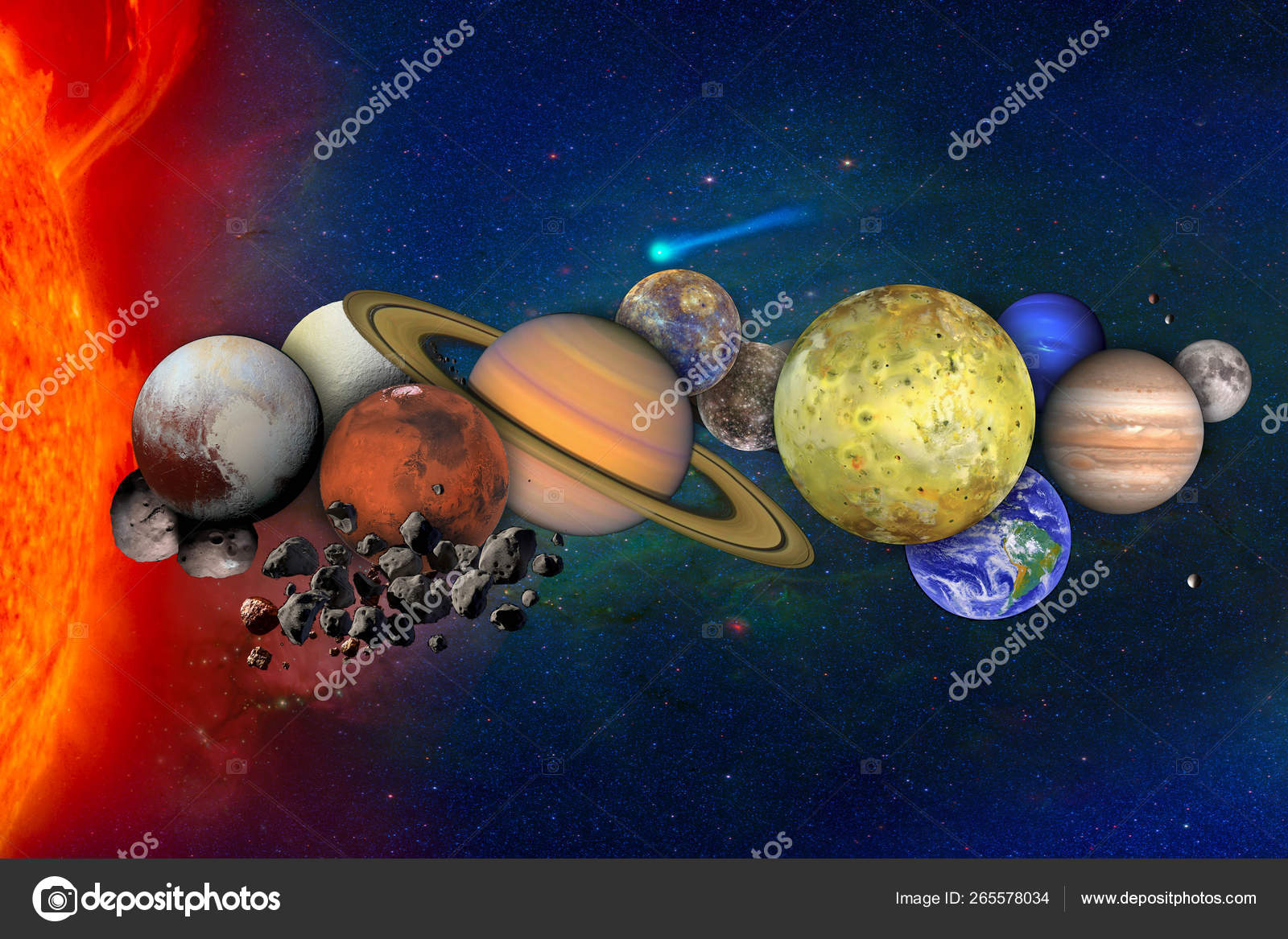 Concepto del sistema solar. Collage con planetas y lunas en el espacio ...
