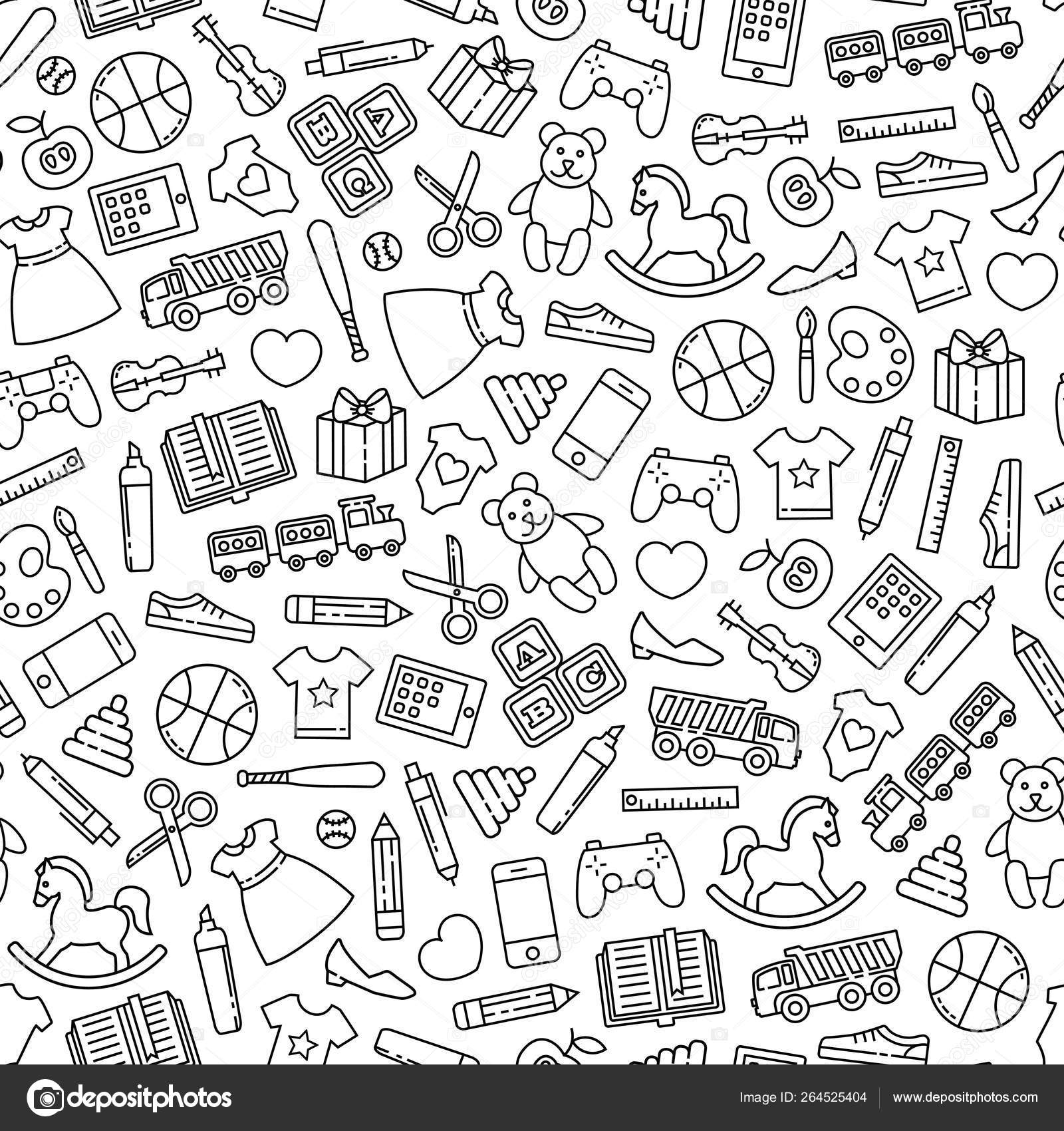Seamless Pattern Toys Design Elements Different Black Outline Icons ...