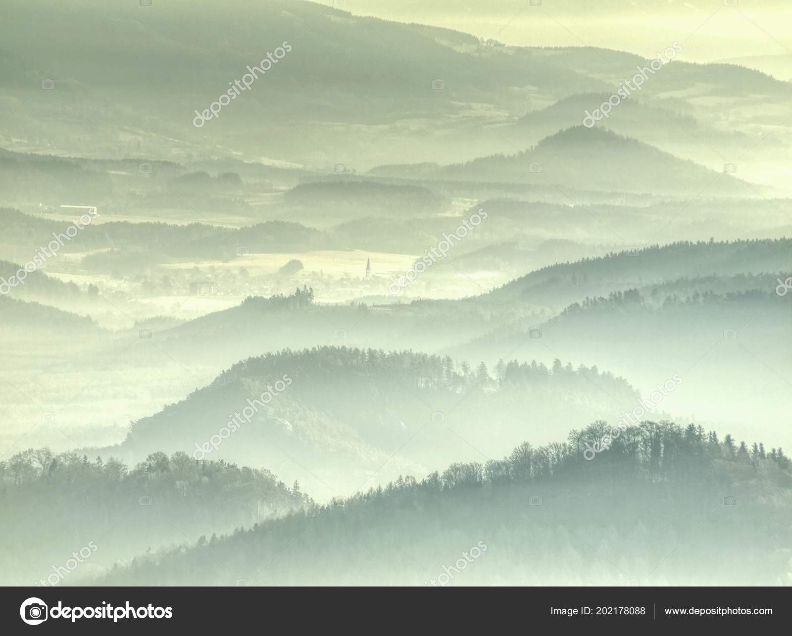 Golden Mist Rounded Hills Landscape Outline Real Landscape Morning ...