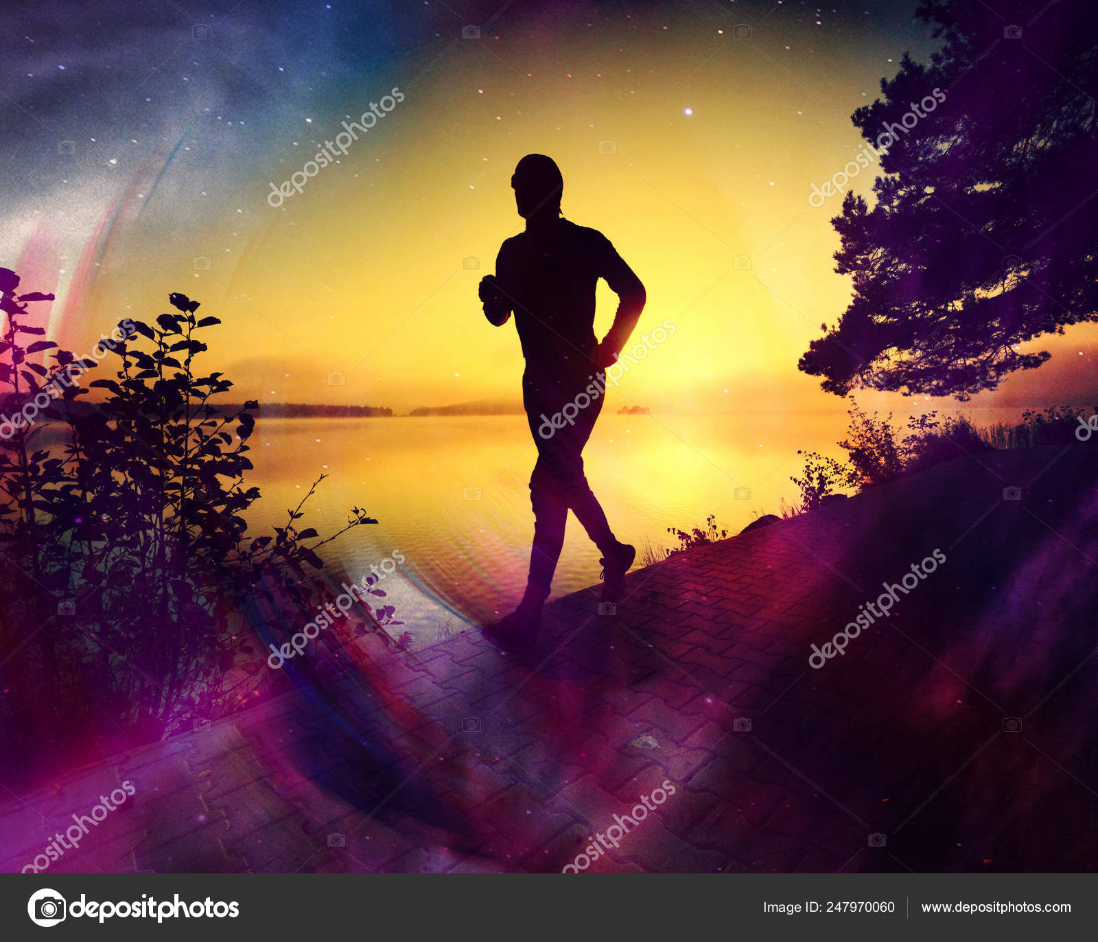 Filtered. Man is running on beautiful summer sunset Stock Photo by ...