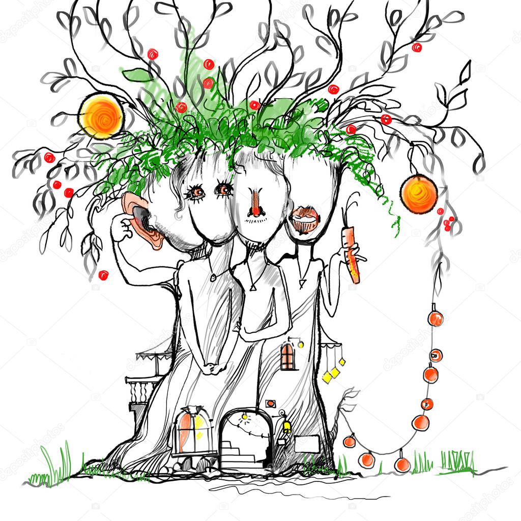 Dibujo gráfico de un árbol con cabezas humanas. Dibujo abstracto de los ...