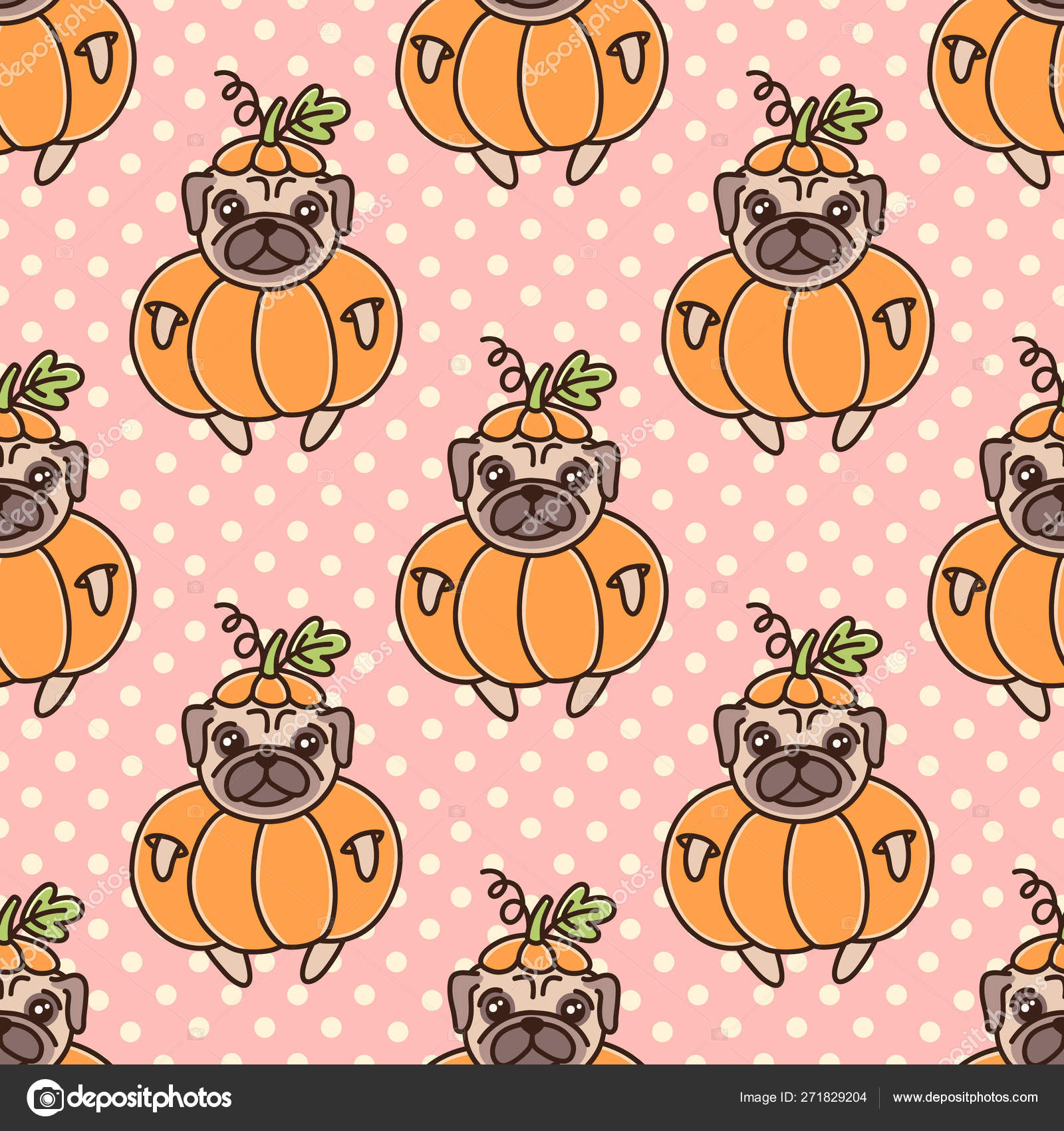 Cute Seamless Pattern Dog Breed Pug Pumpkin Pink Background White Stock ...