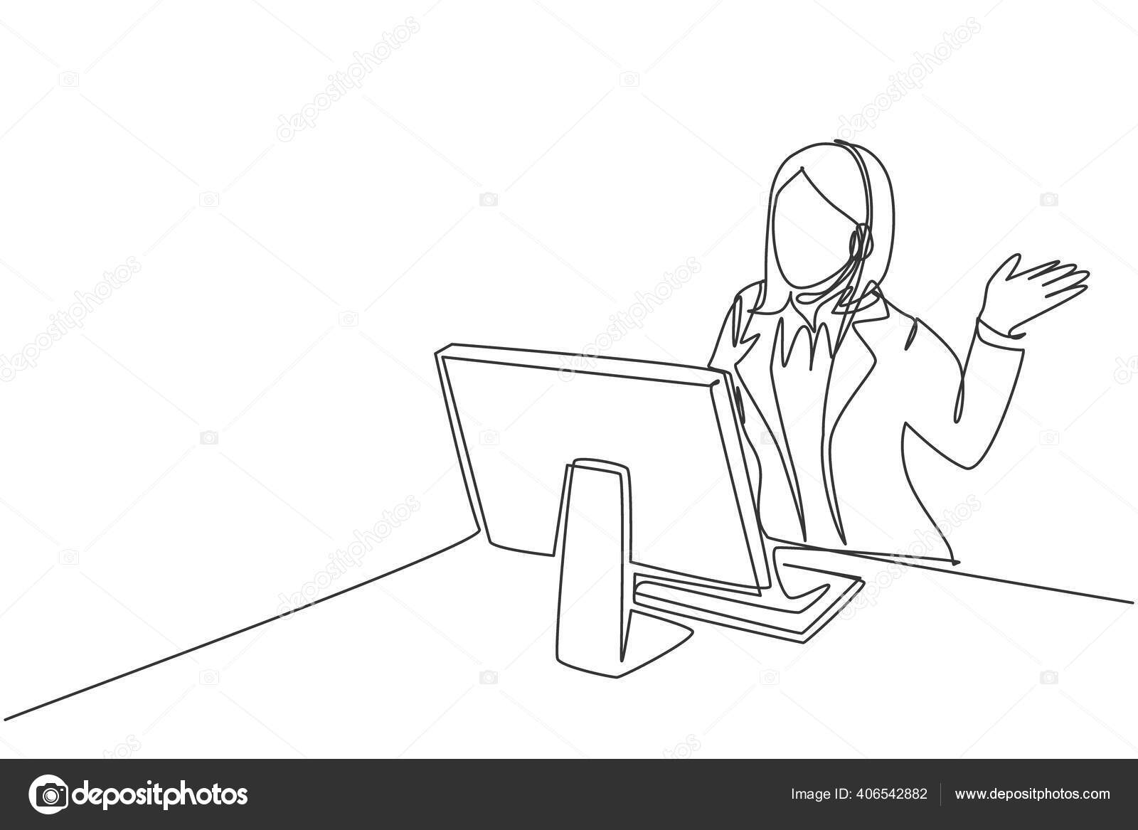 Single Continuous Line Drawing Young Confused Call Center Worker ...
