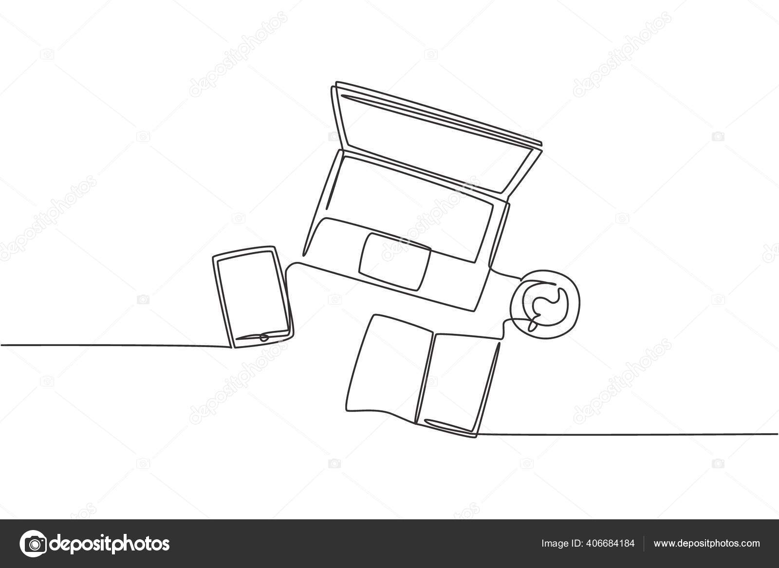 One Continuous Line Drawing Computer Laptop Smartphone Tablet Book Cup ...