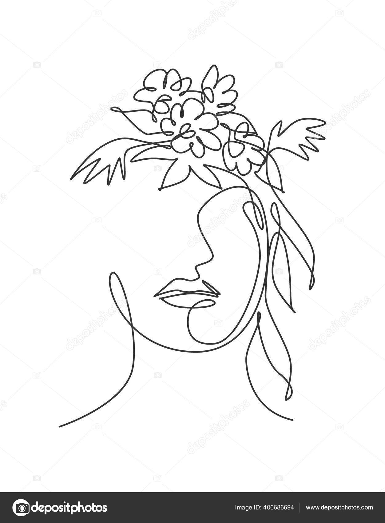 Egyetlen Vonal Rajz Szépség Elvont Arc Természetes Virágok Vektor ...