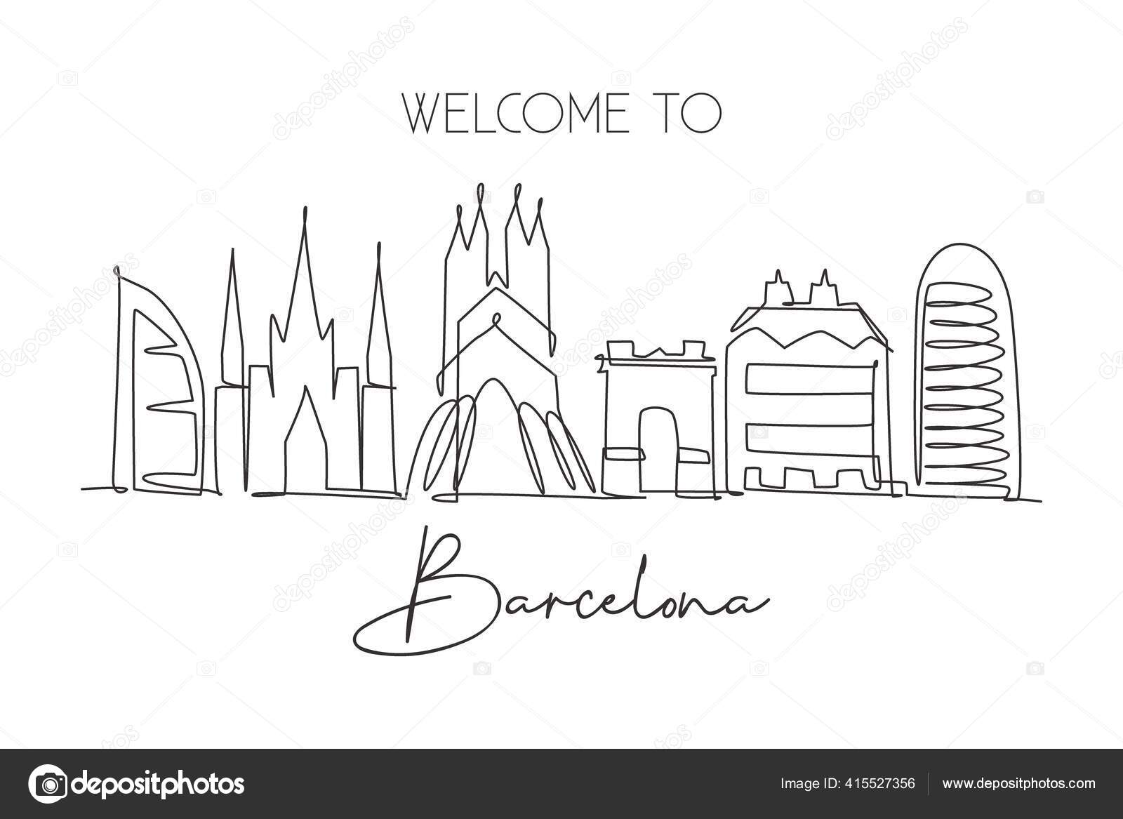 One Single Line Drawing Barcelona City Skyline Spain Historical ...
